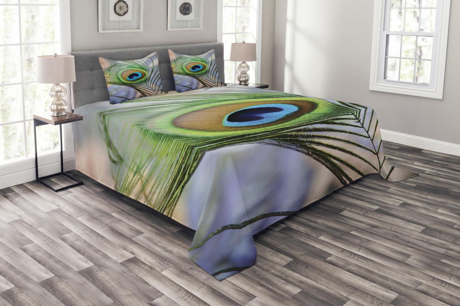 Ambesonne Peacock Quilted Coverlet 3 Pcs, Trees Birds and Feather ...