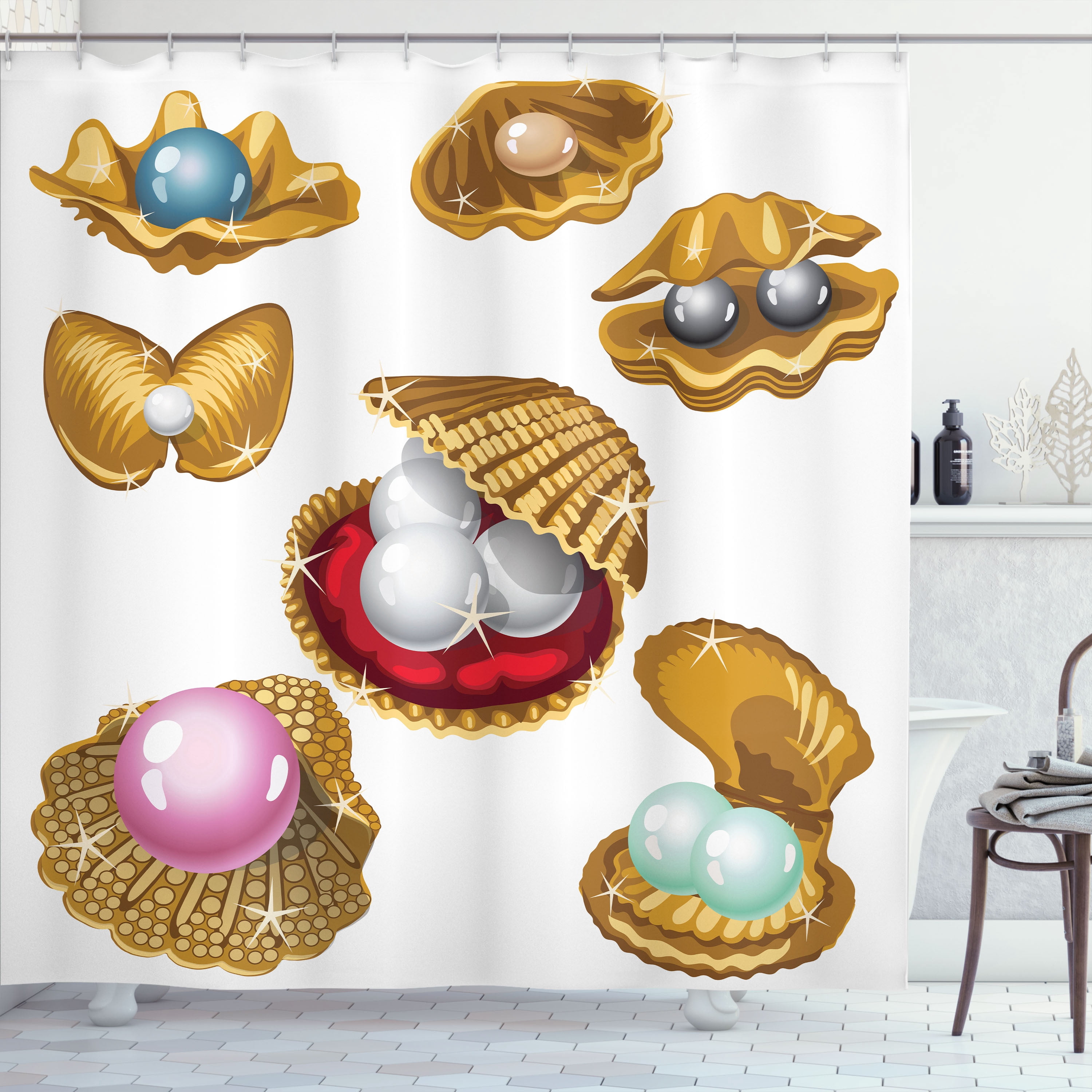 Ambesonne Pearls Shower Curtain, Open Shells Sea Image, 69"Wx75"L ...