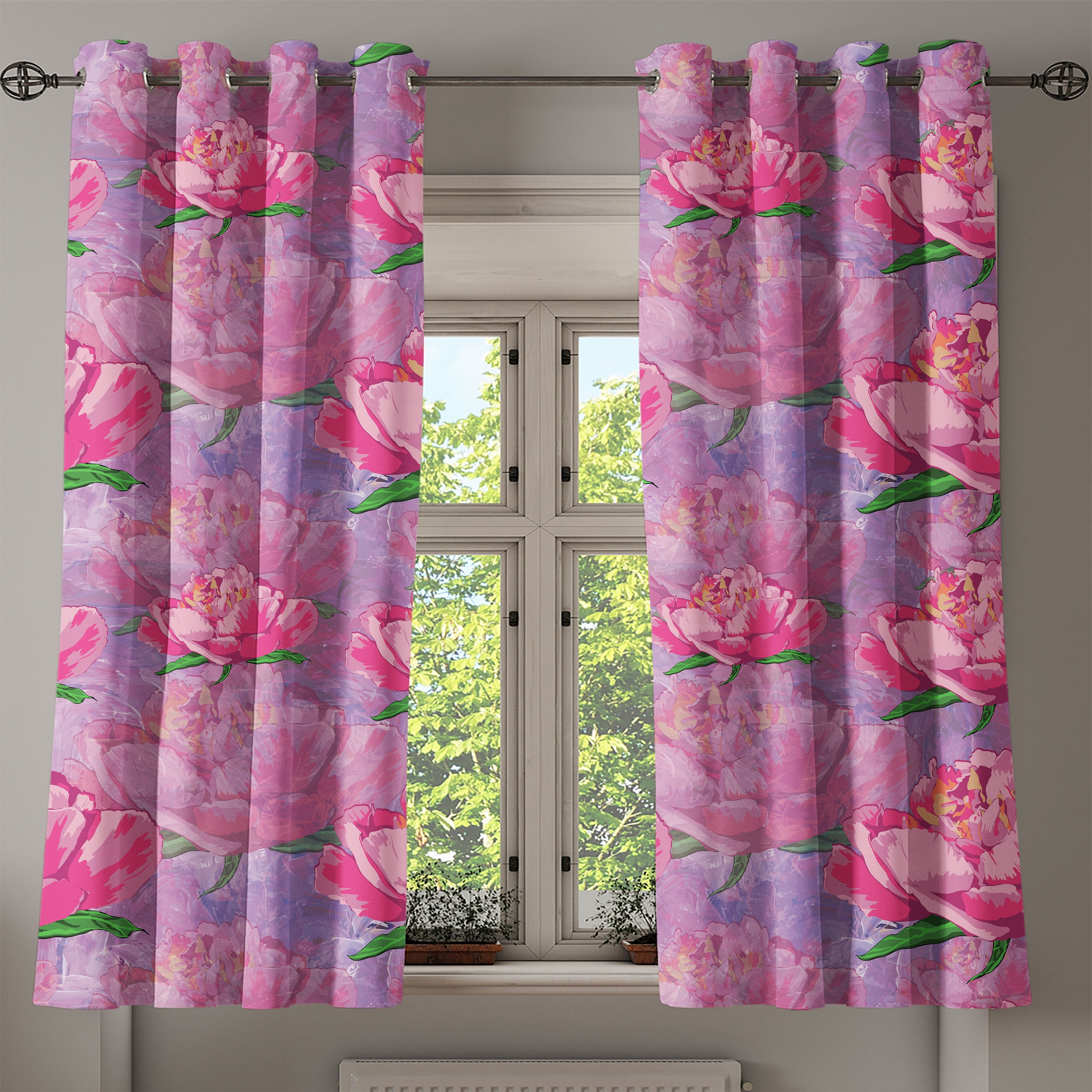 Ambesonne Peony Grommet Curtain, Botany Dreamy Flowers Print, 50"x60 ...