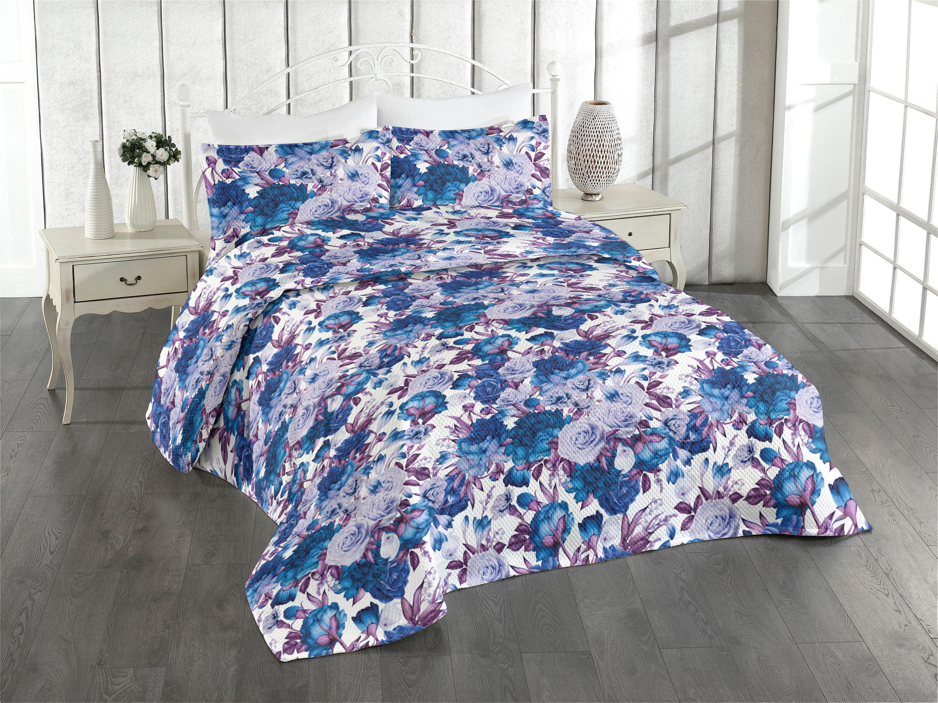 Ambesonne Peony Pattern Quilted Bedspread Set 3 Pcs, Romantic Retro ...