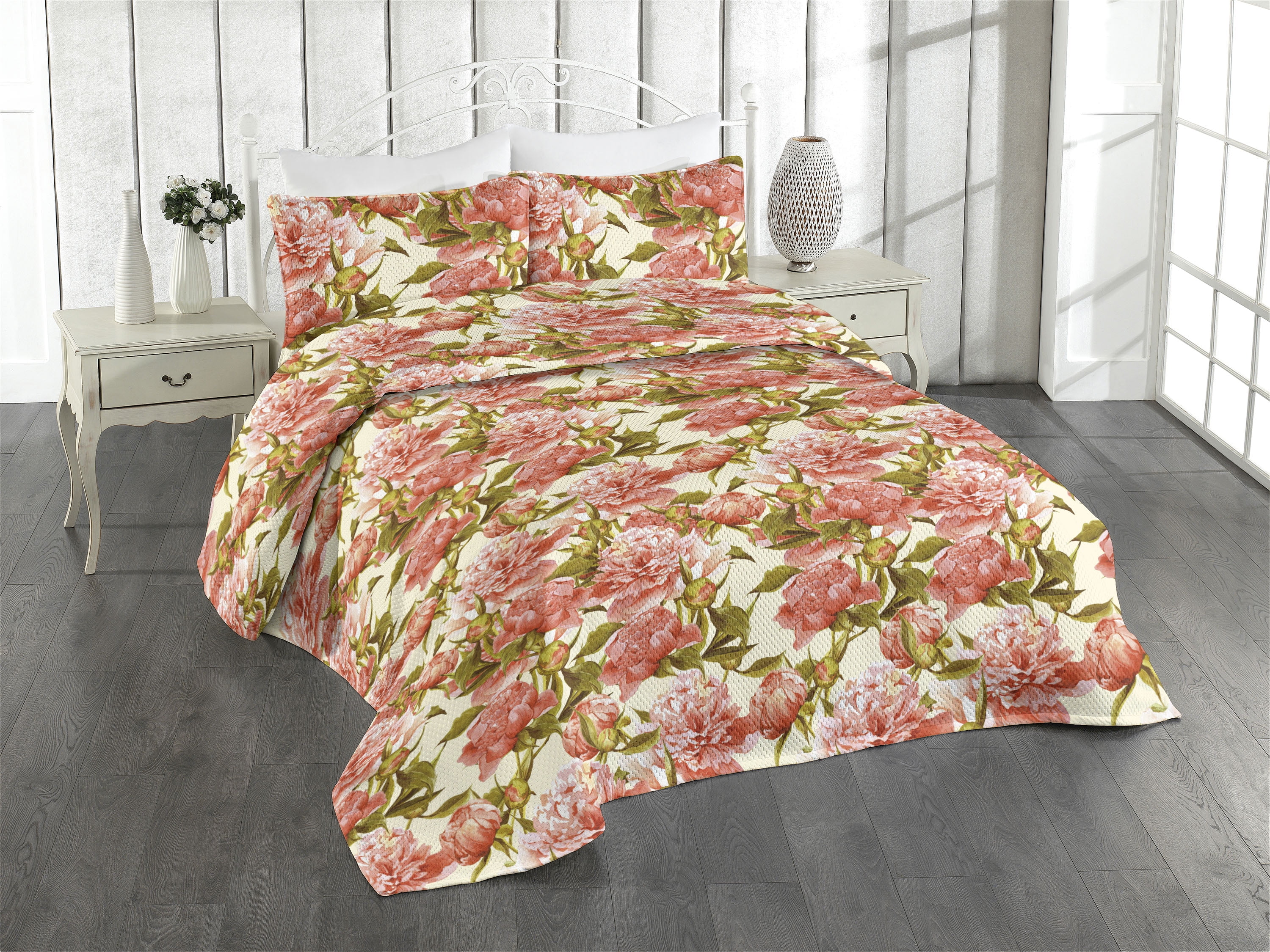 Ambesonne Peony Pattern Quilted Bedspread Set 3 Pcs, Vintage Color ...