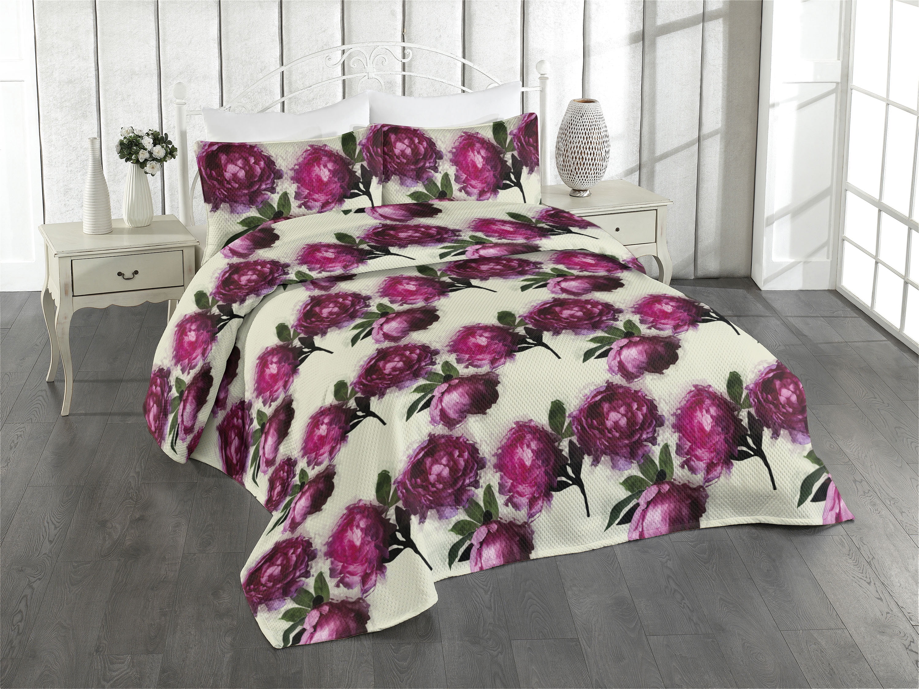 Ambesonne Peony Quilted Bedspread Set 3 Pcs, Floral Leaves Pattern ...
