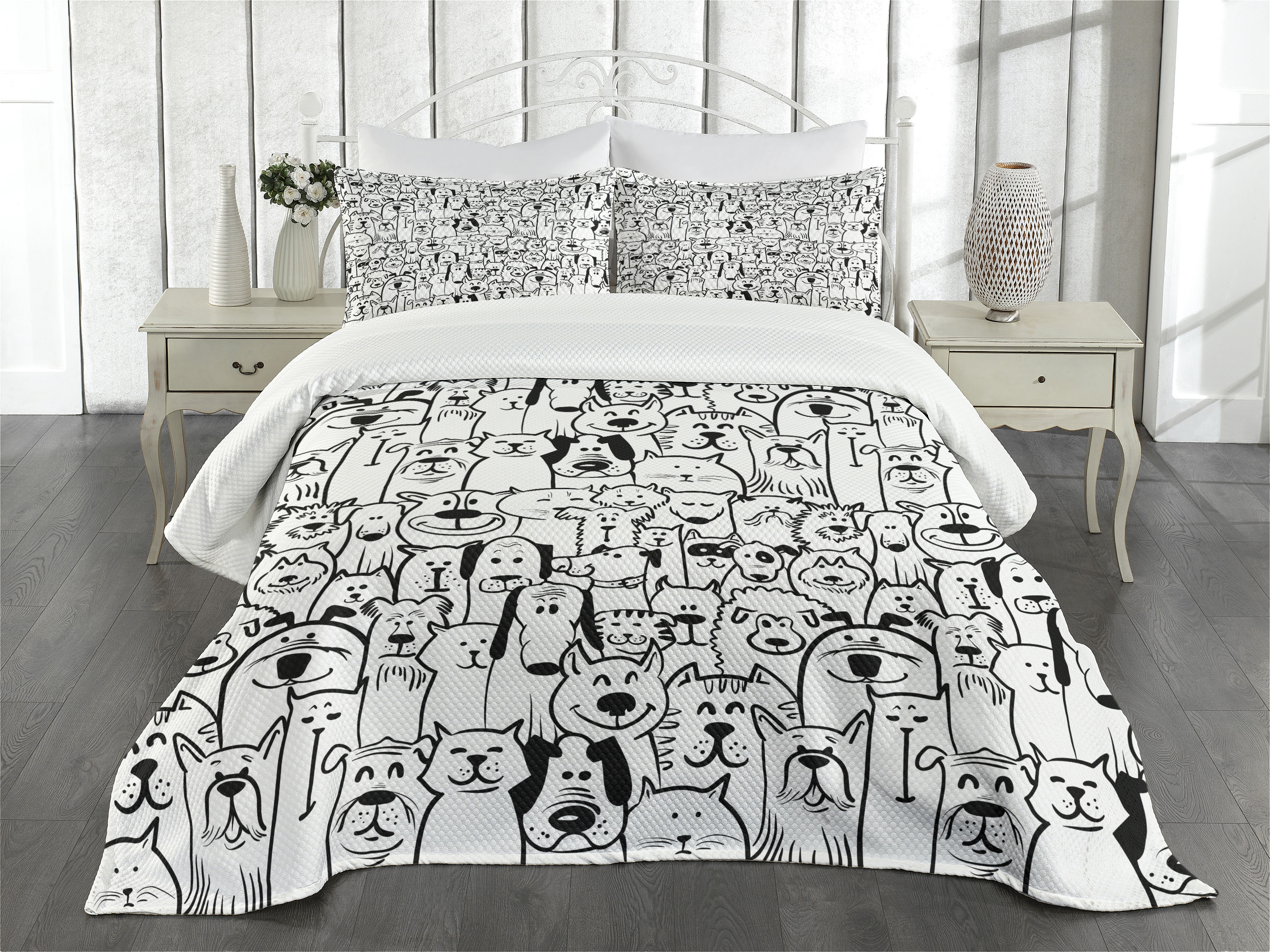 Ambesonne Pet Quilted Bedspread Set 3 Pcs, Dogs and Cat Composition ...