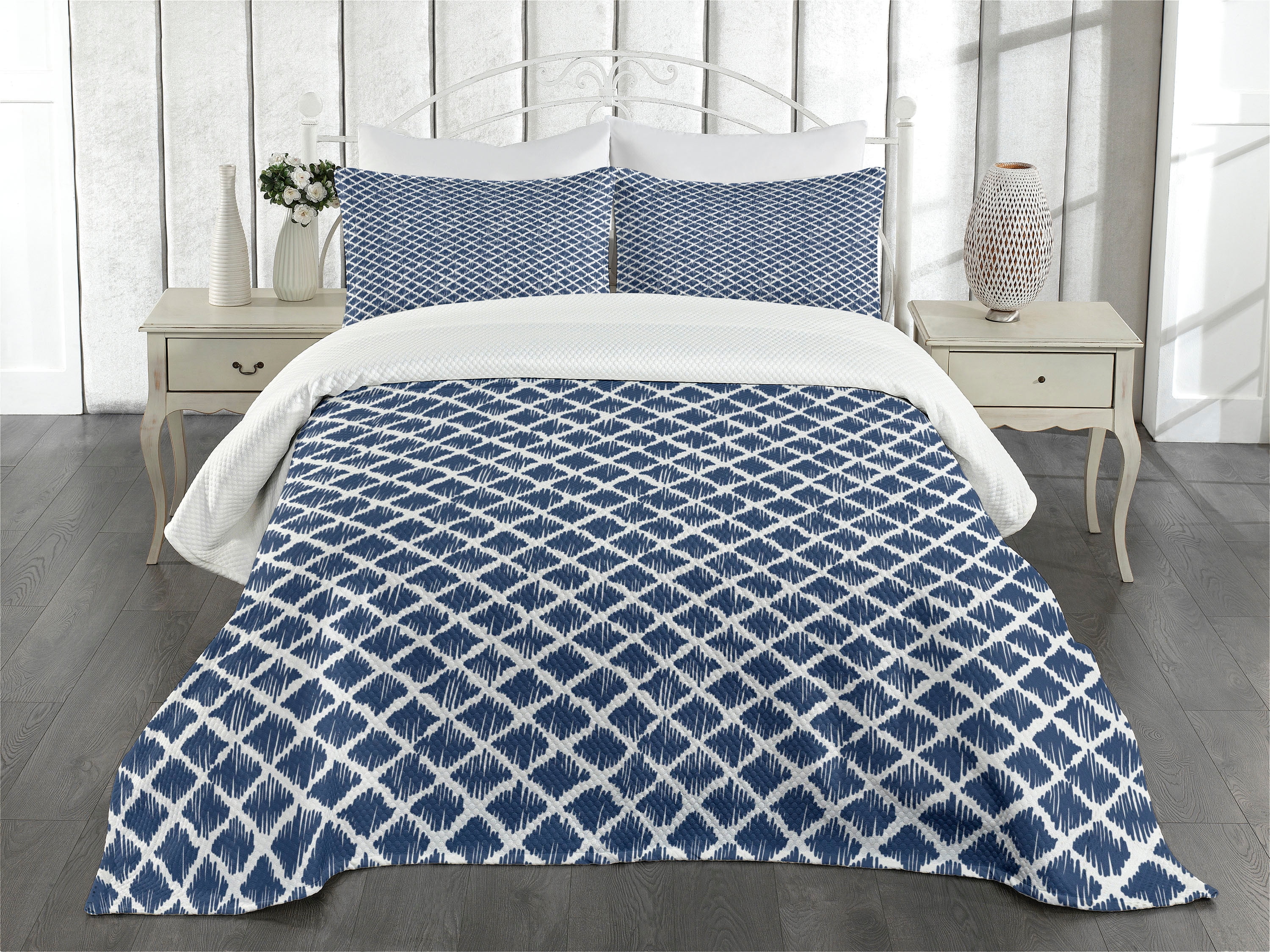 Ambesonne Petrol Blue Quilted Bedspread Set 3 Pcs, Sketchy Inner Shape ...