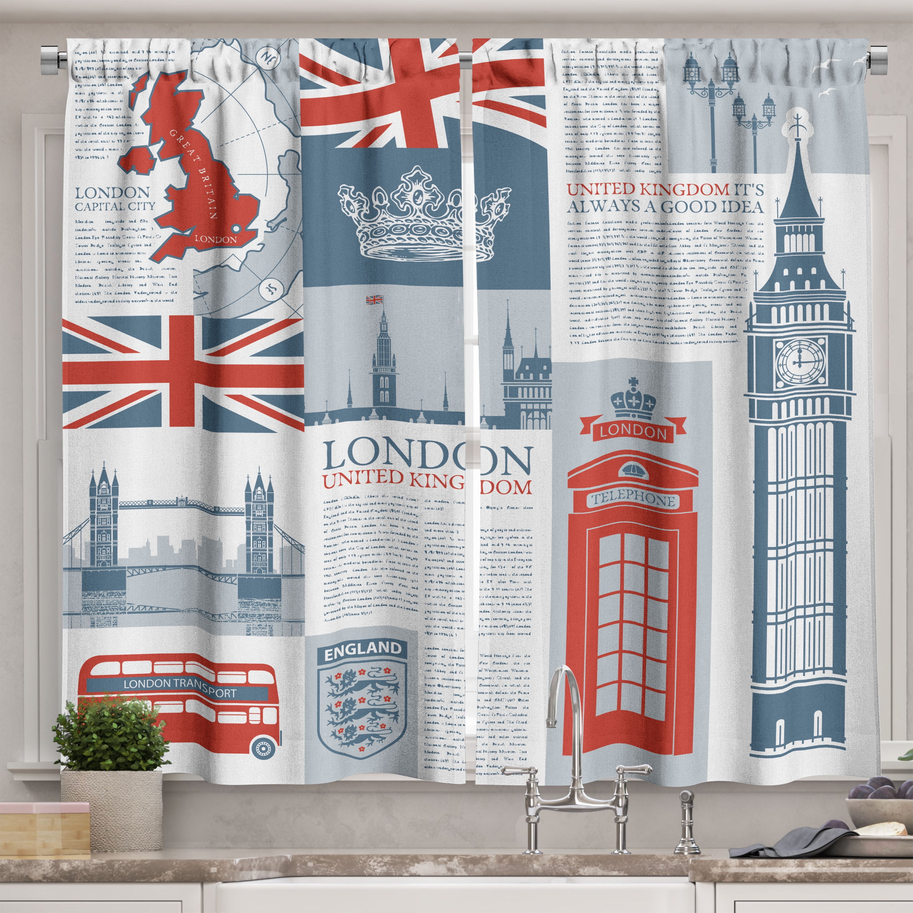 Ambesonne Phone Booth Kitchen Curtains, London United Kingdom, 55"x45 ...