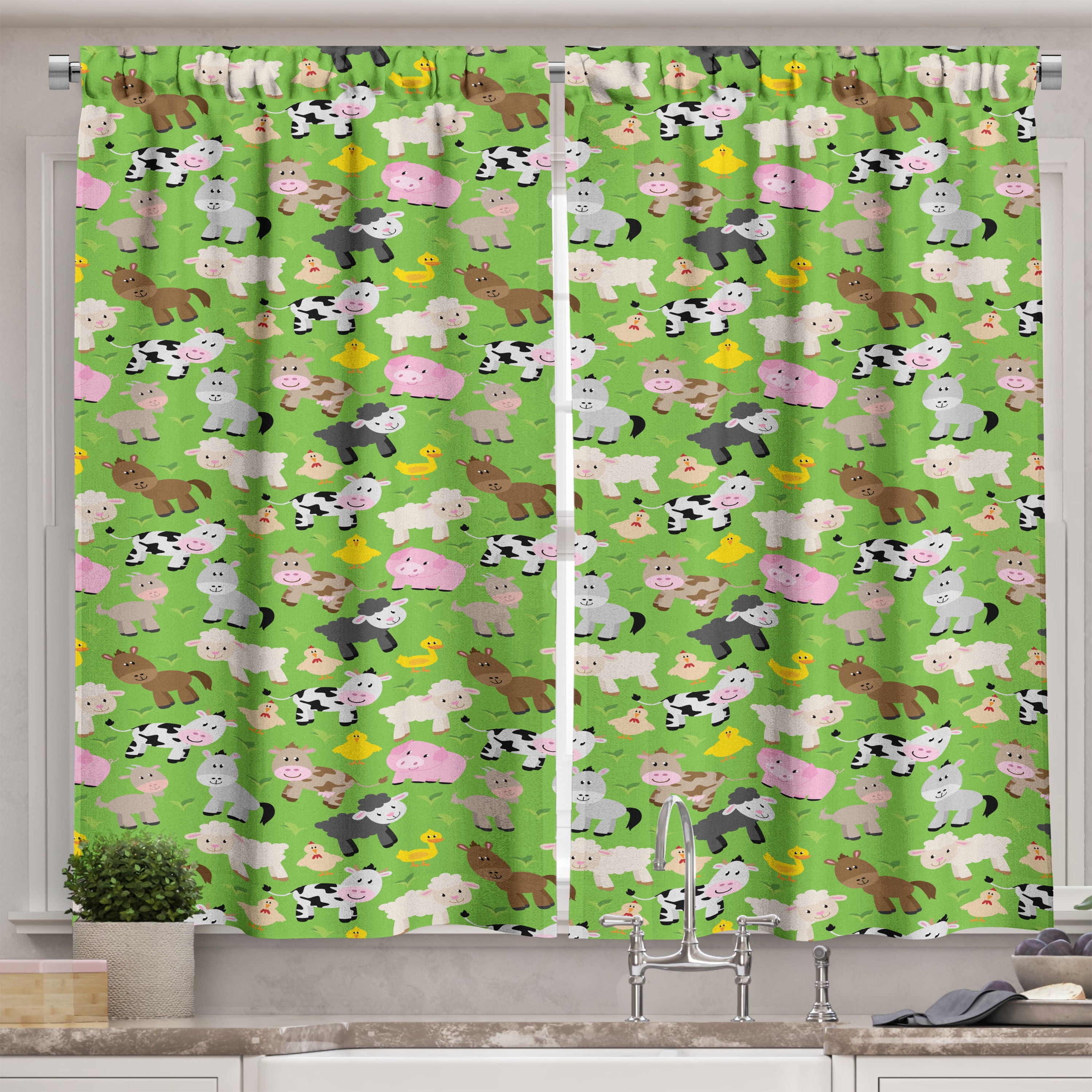 Ambesonne Pig Kitchen Curtains, Creatures Cartoon, 55"x45", Lime Green ...