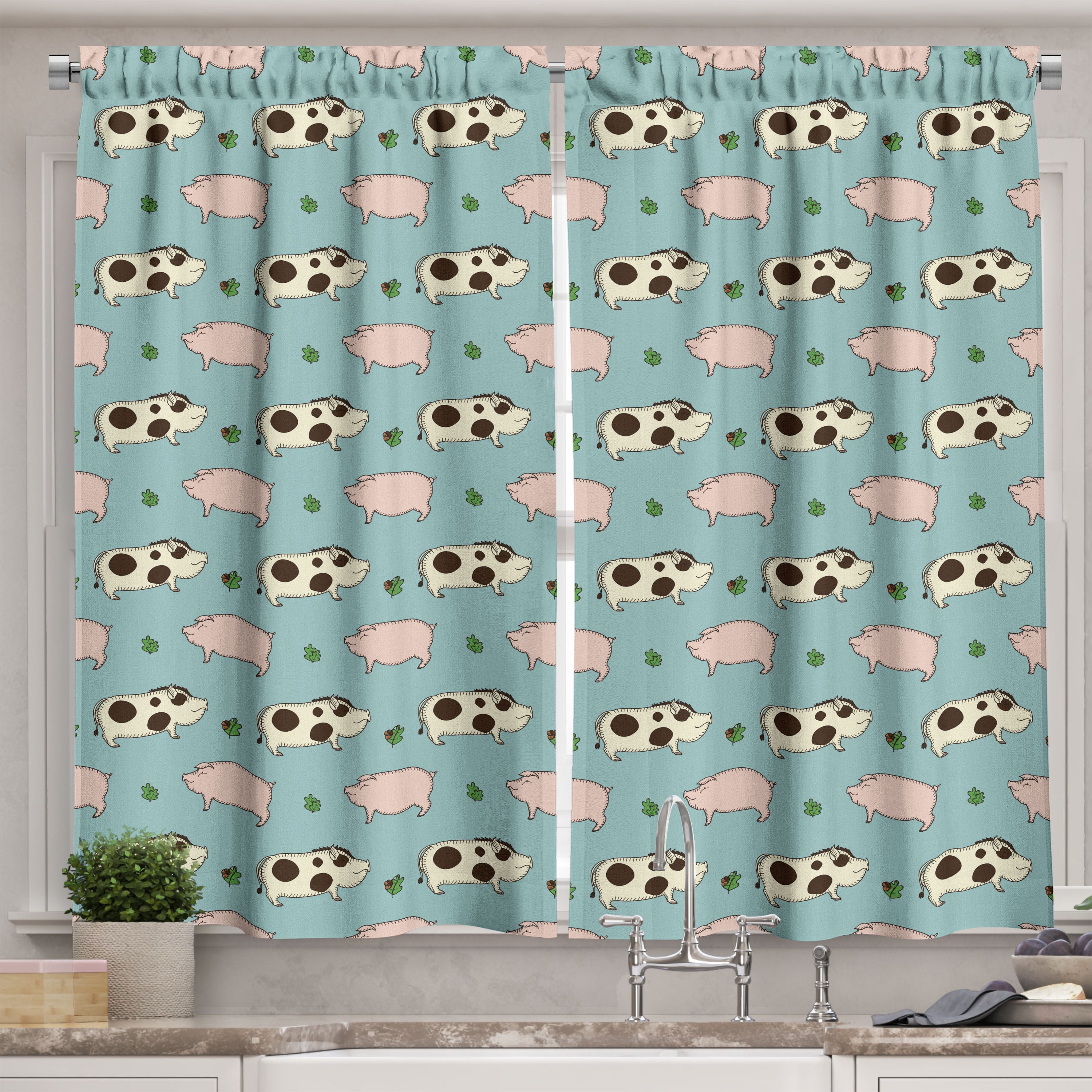 Ambesonne Pig Kitchen Curtains, Doodle Pig Boar Oak Twig, 55"x39 ...