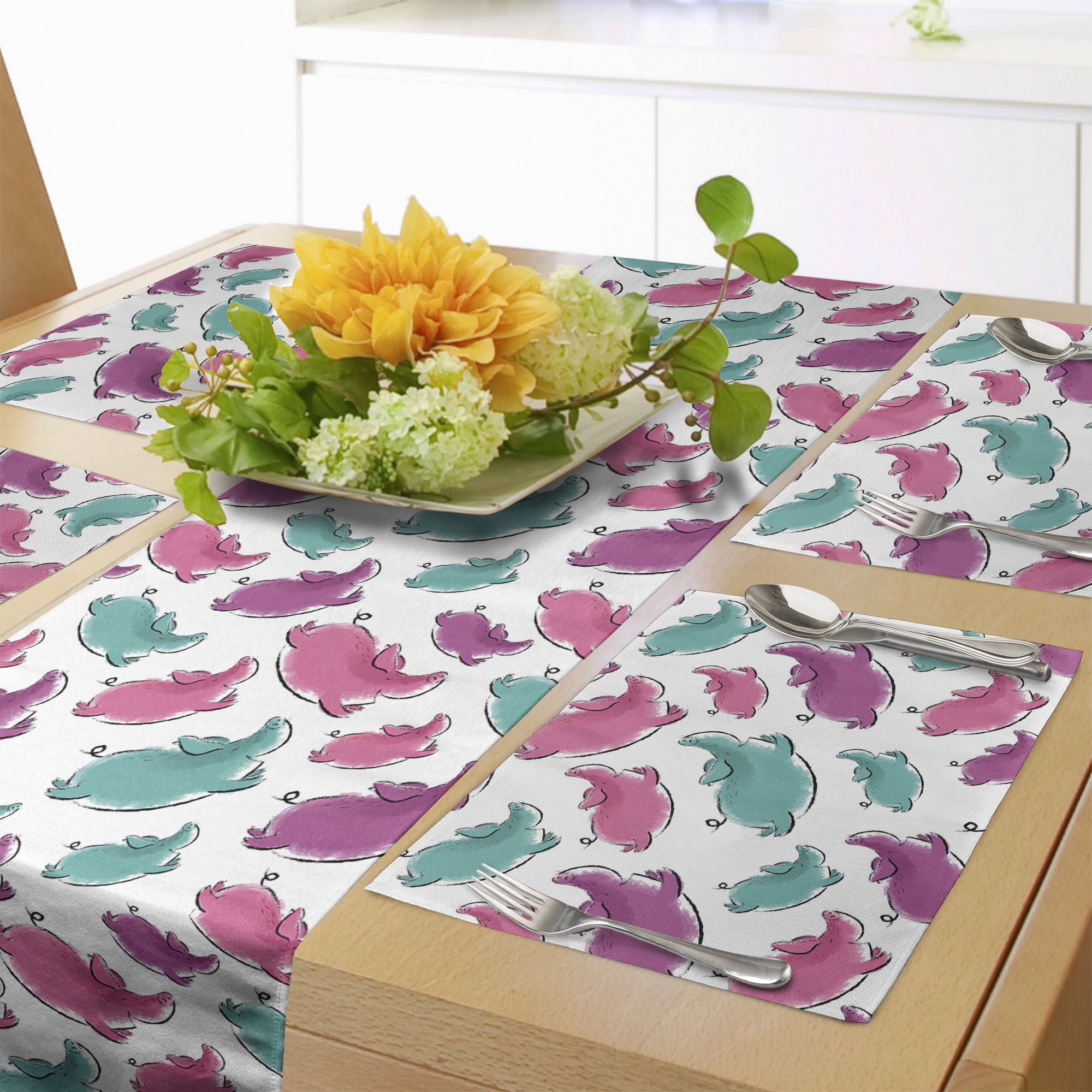 Ambesonne Pig Table Runner & Placemats, Hand Drawn Watercolor Effect ...
