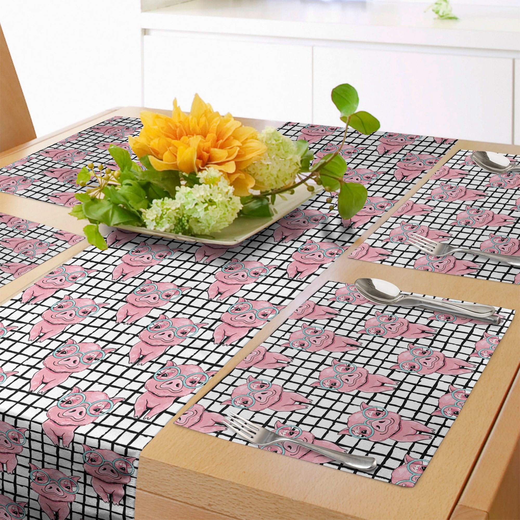 Ambesonne Piglet Table Runner & Placemats, Nerdy Pigs and Squares ...