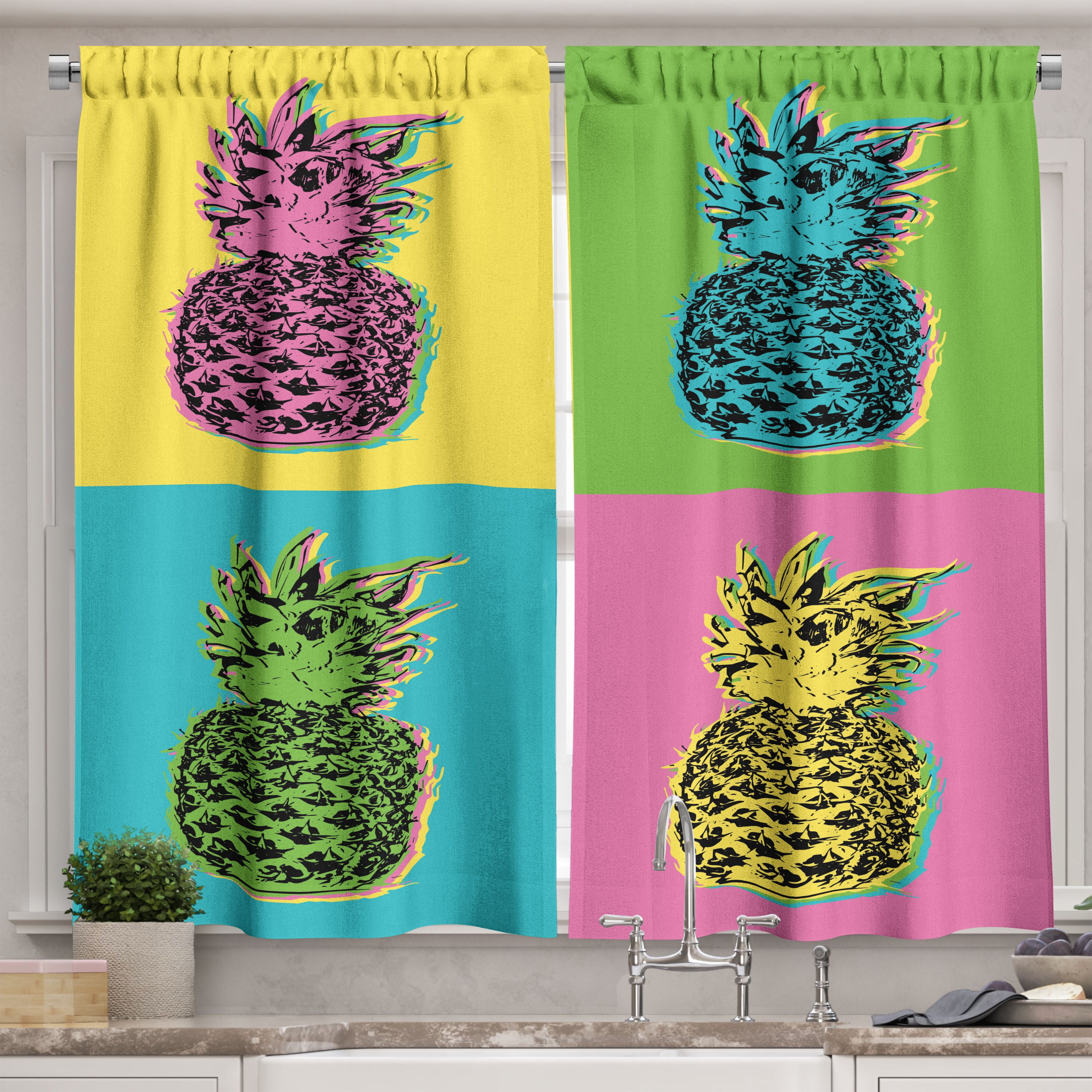 Ambesonne Pineapple Kitchen Curtains Colorful Summer Pop Art 55x39