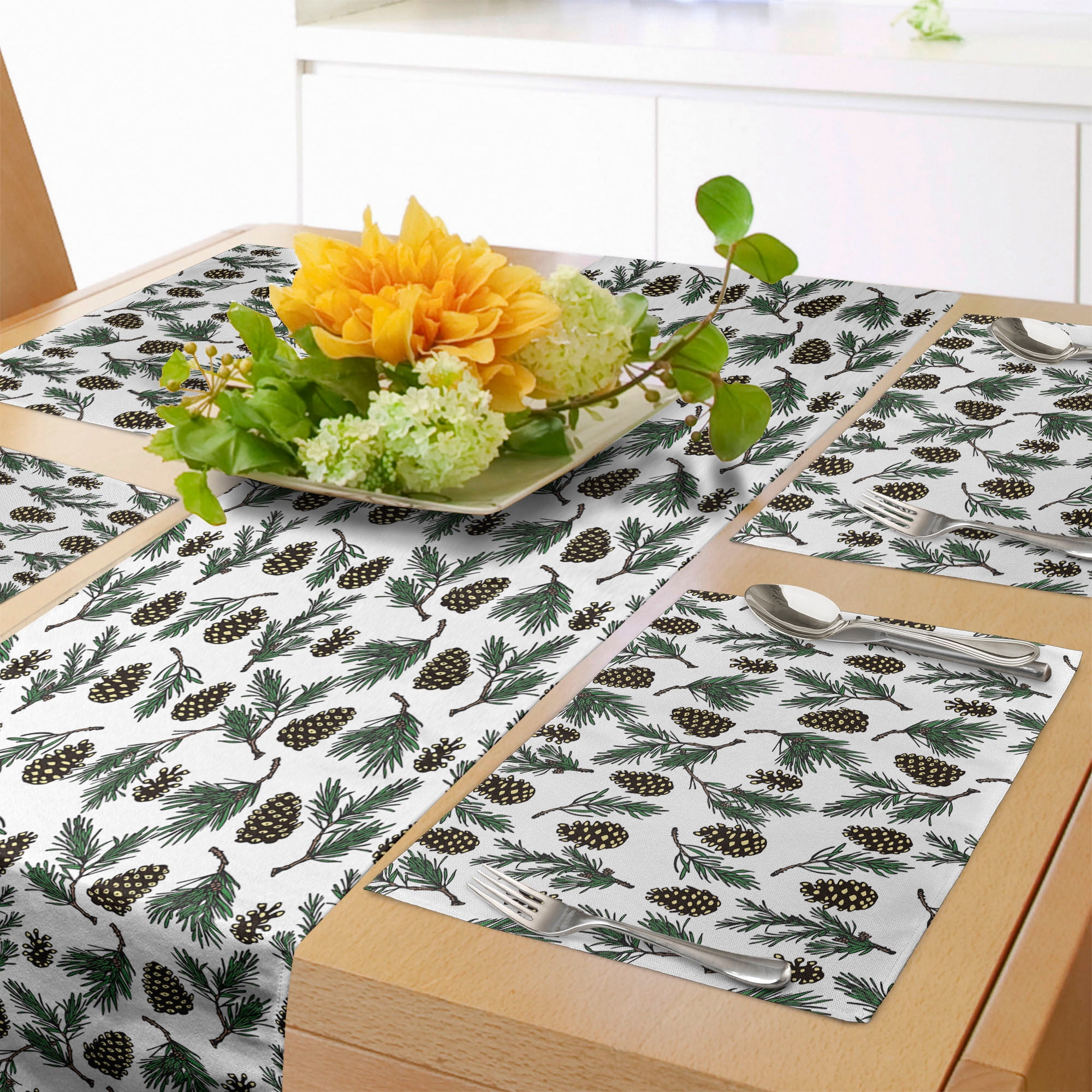 Ambesonne Pinecone Table Runner & Placemats, Branches of Evergreen Tree ...