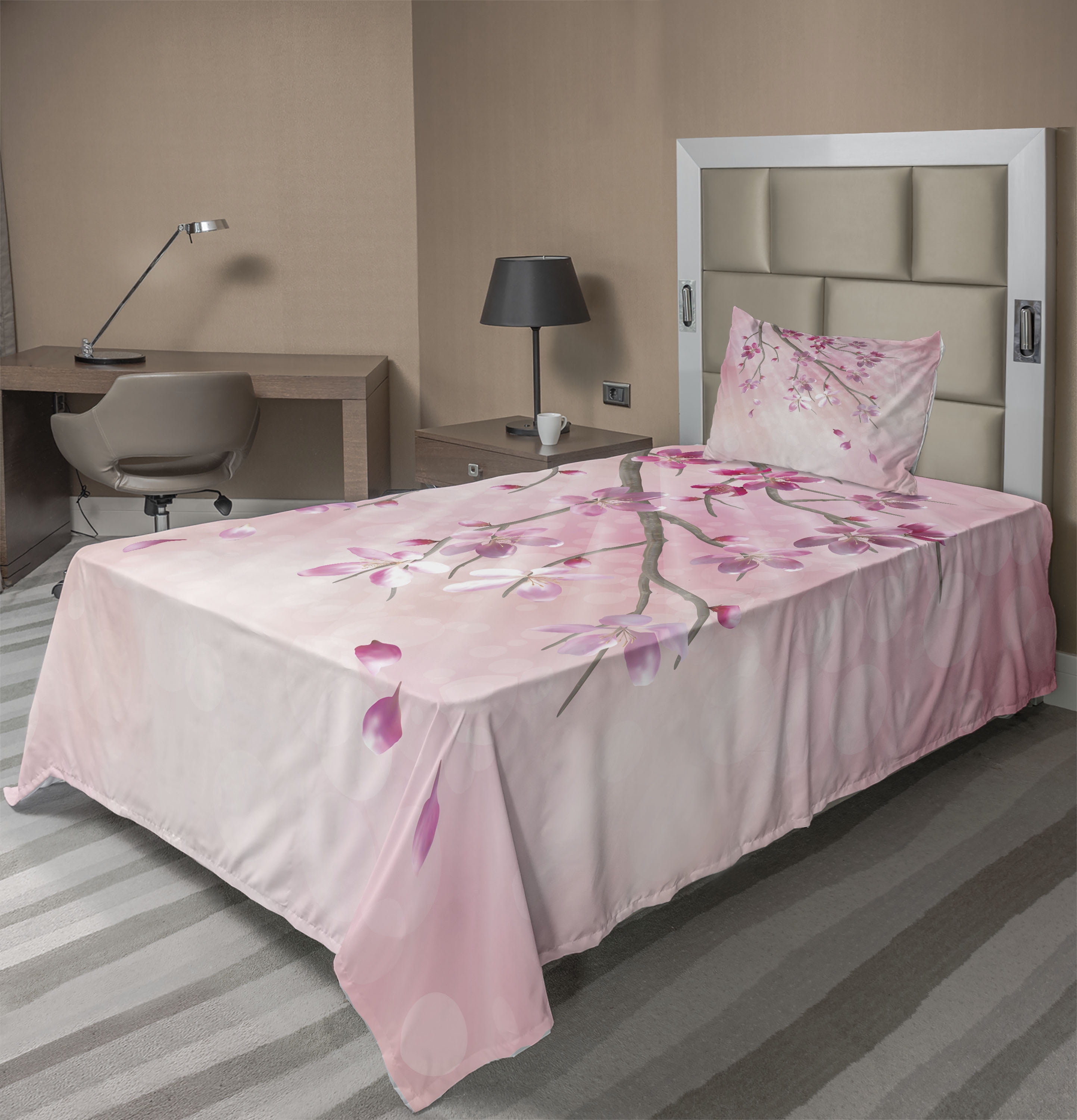 Ambesonne Pink Fitted & Top Sheet Set with Sham, Tree Branch with ...