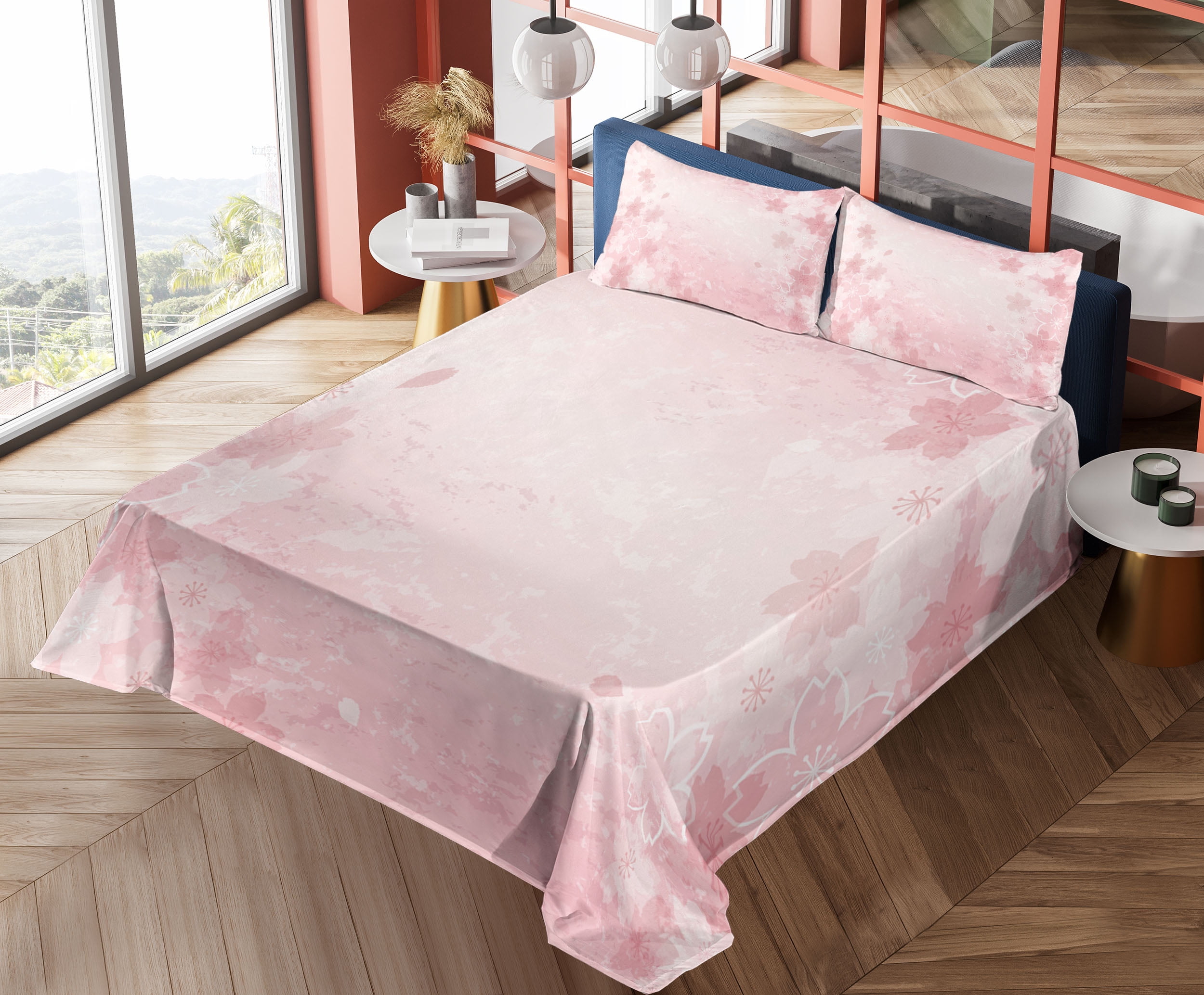 Ambesonne Pink Fitted & Top Sheet Set with Shams, Cherry Blossom Floral ...