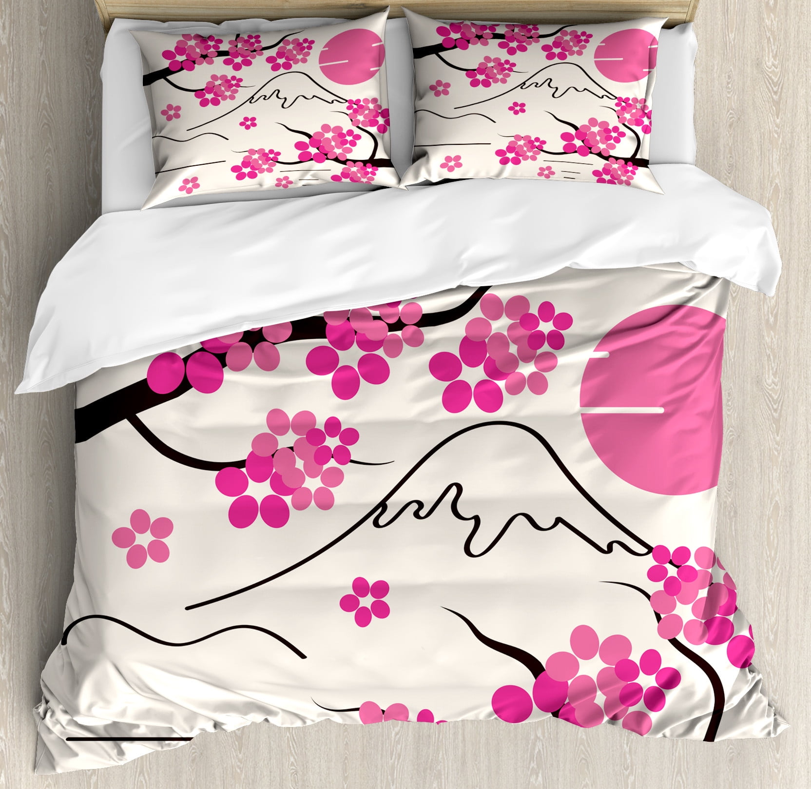 Ambesonne Pink Floral Duvet Cover Set, Japan Sakura and Hill, 2-Calking ...