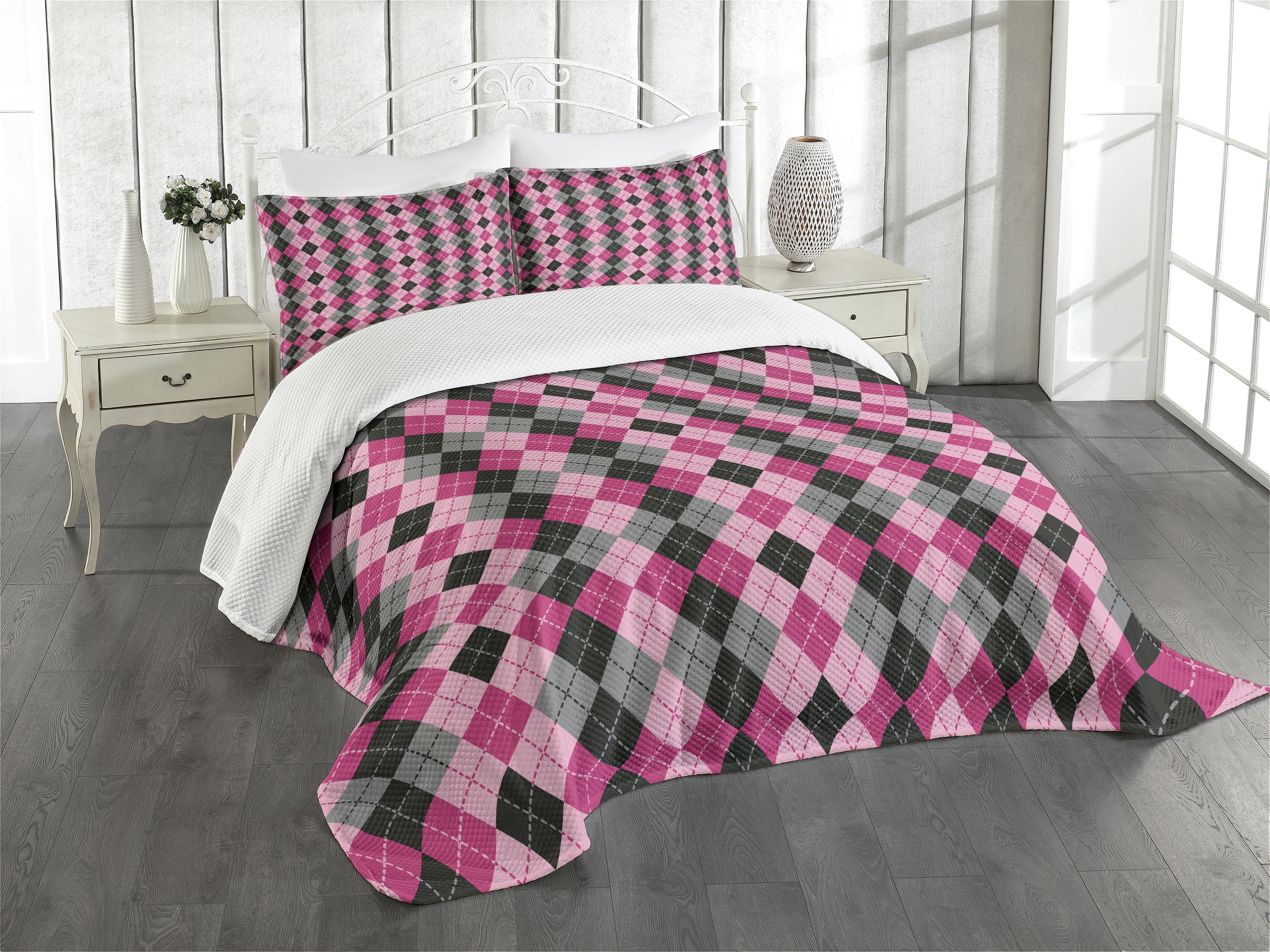 Ambesonne Pink Grey Quilted Bedspread Set 3 Pcs, Diamonds and Lozenges ...