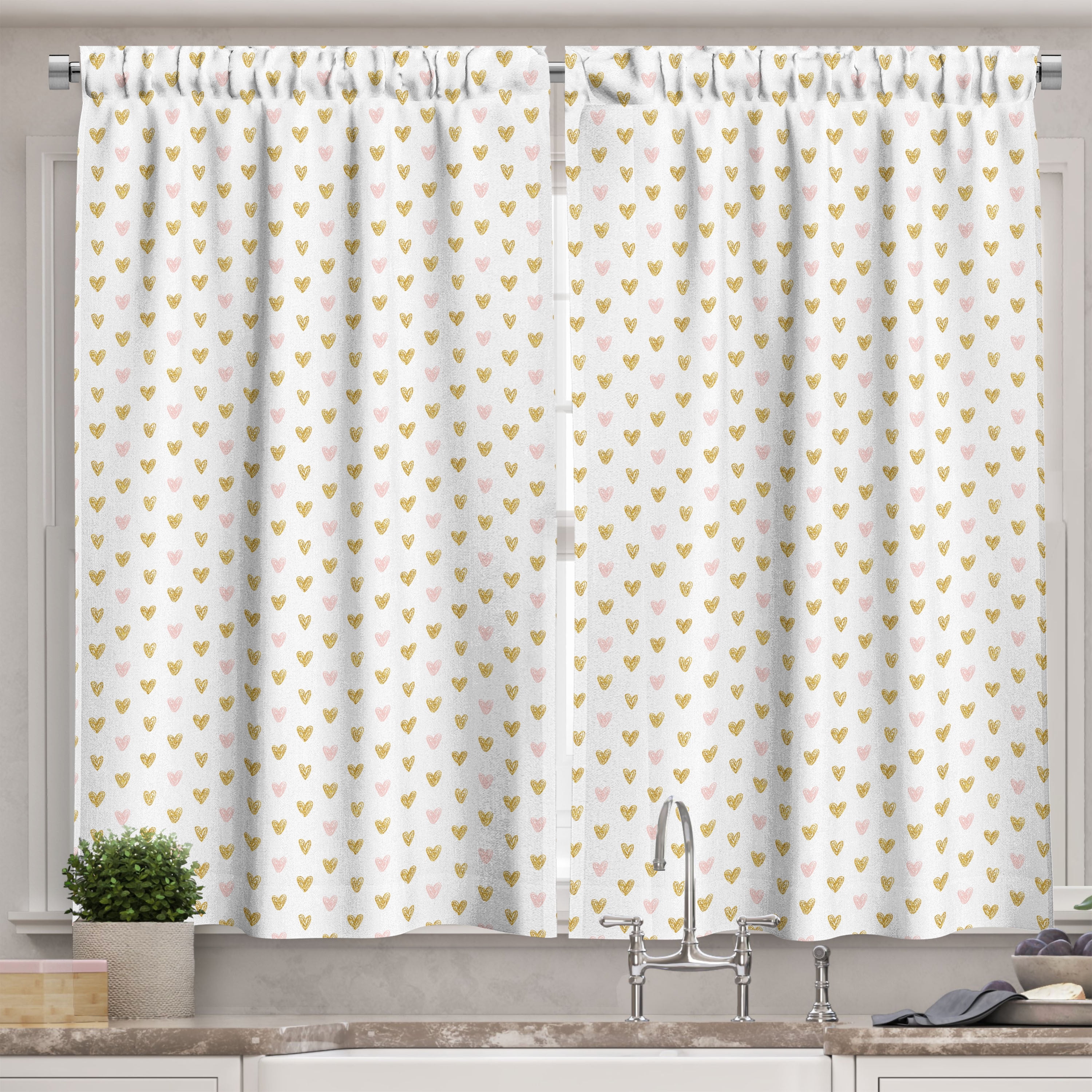 Ambesonne Pink Hearts Kitchen Curtains, Even Pattern Hearts, 55"x39 ...