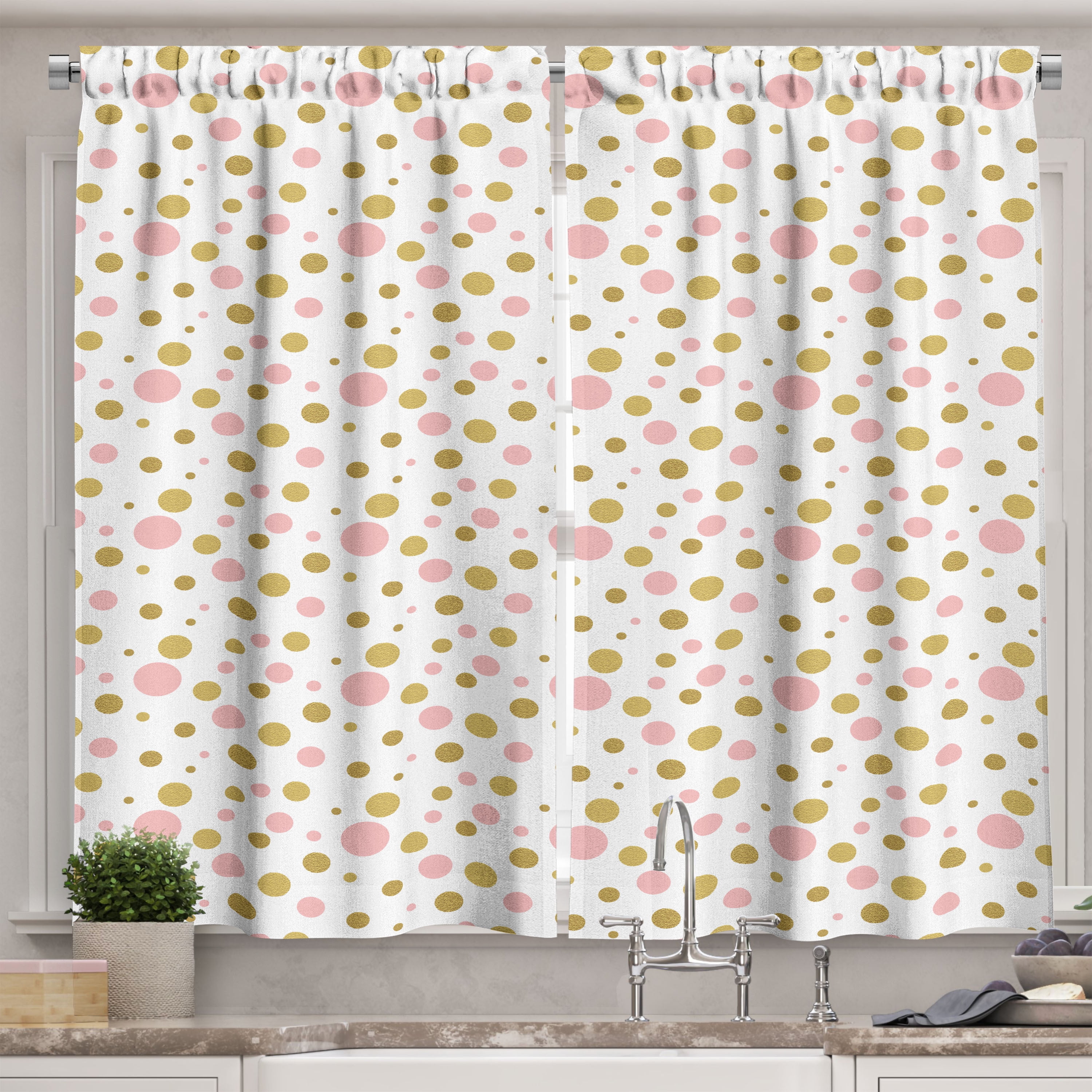 Ambesonne Pink Polka Dots Kitchen Curtains, Small Big Blemishes, 55"x39 ...