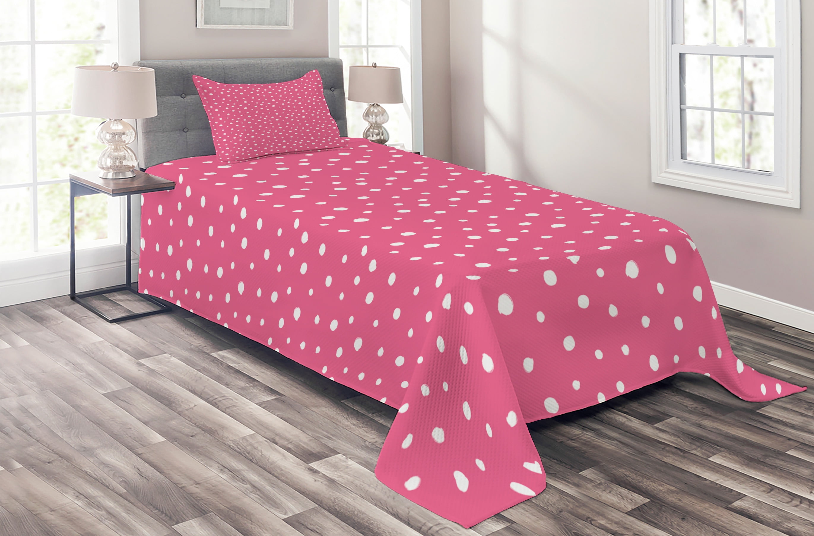 Ambesonne Pink Polka Dots Quilted Coverlet 2 Pcs, Grunge Drawn Rounds ...