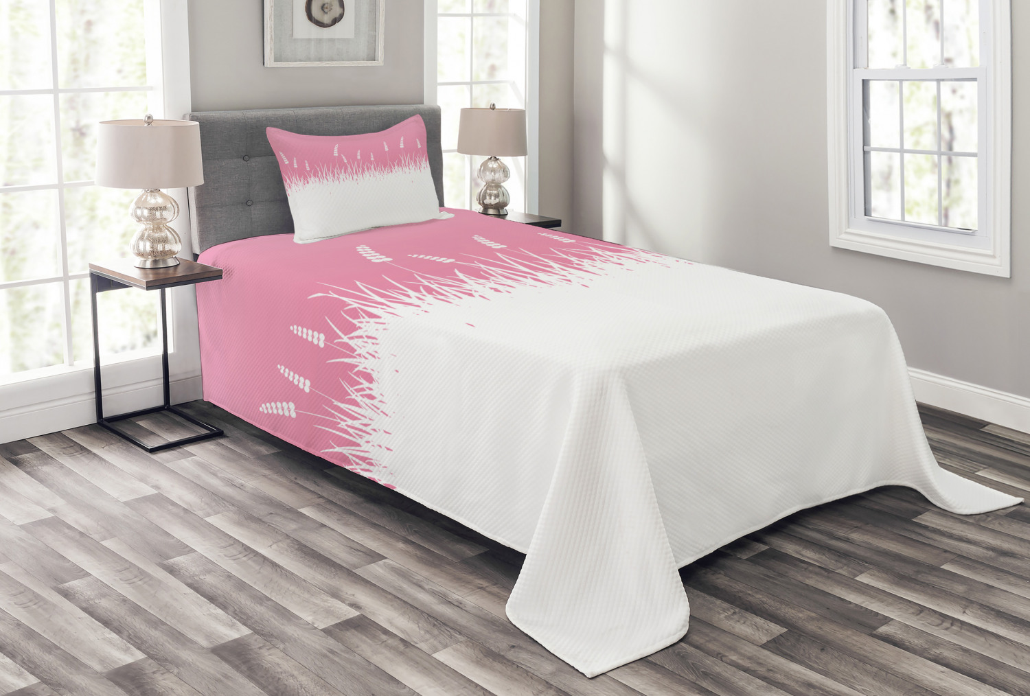 Ambesonne Pink Quilted Bedspread Set 2 Pcs, Bushes and Wheat Field ...