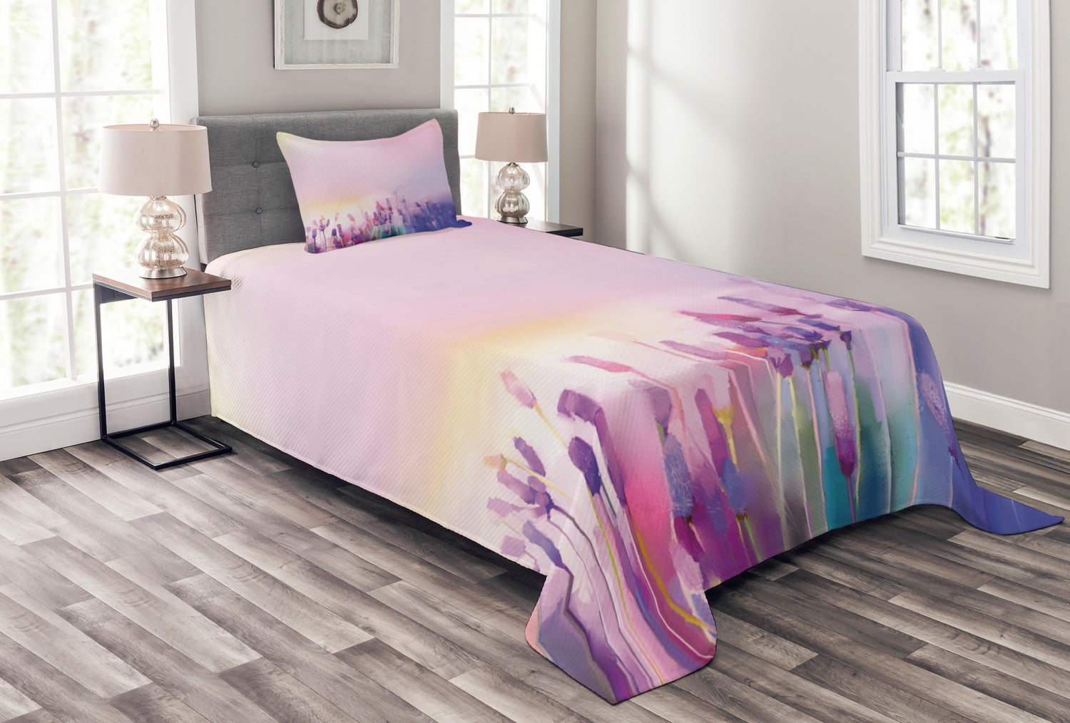 Ambesonne Pink Quilted Bedspread Set 2 Pcs, Lavender Violet Flowers ...