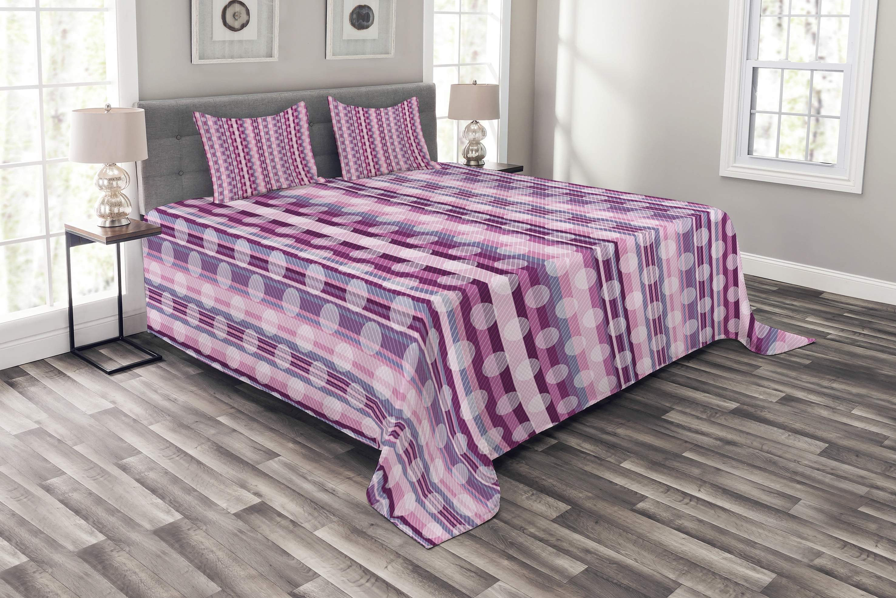 Ambesonne Pink Quilted Bedspread Set 3 Pcs, Abstract Rounds Line, Queen ...
