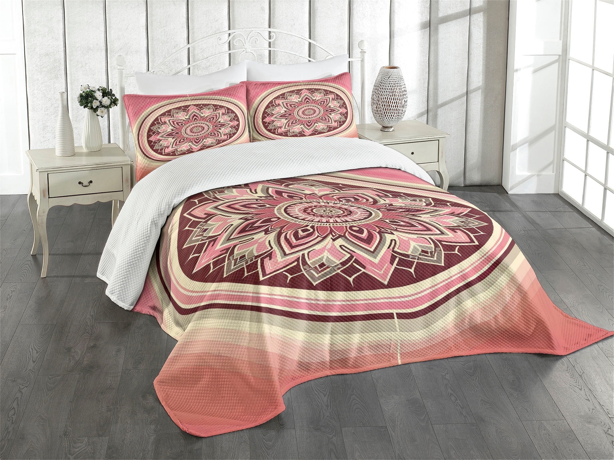 Ambesonne Pink Quilted Bedspread Set 3 Pcs, Boho Manadala Retrospective ...