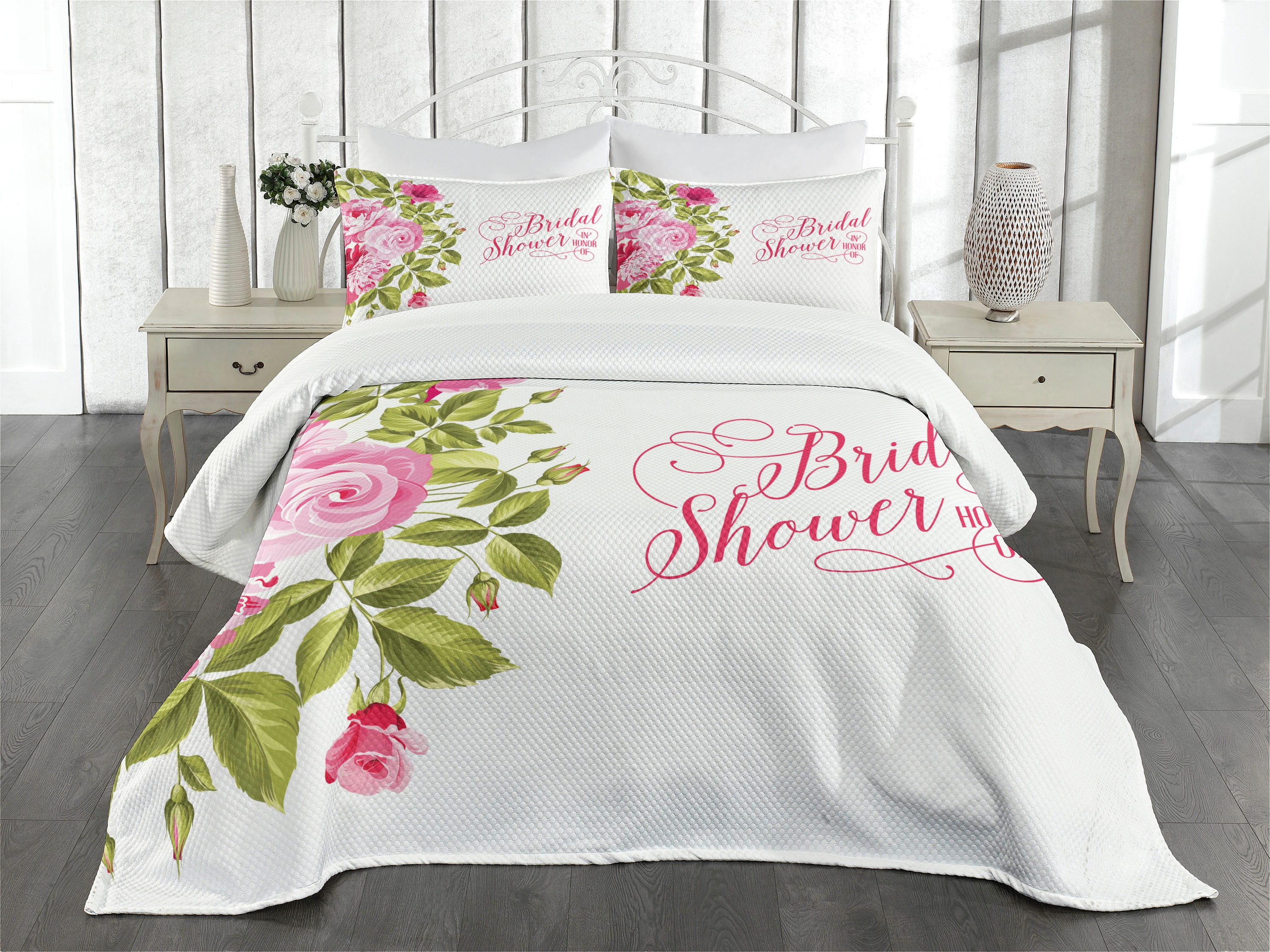 Ambesonne Pink Quilted Bedspread Set 3 Pcs, Bride Shabby Flowers, Queen ...