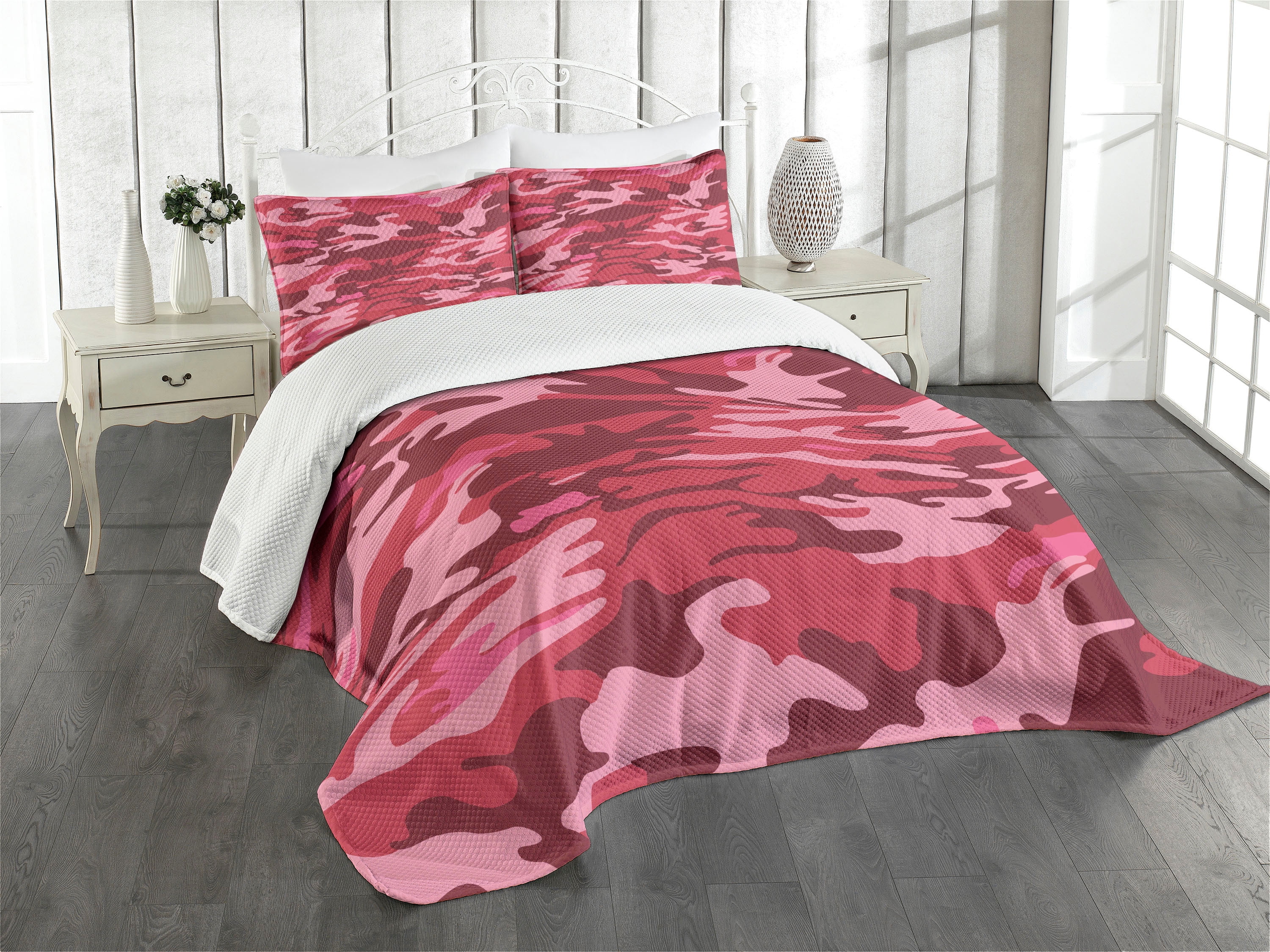 Ambesonne Pink Quilted Bedspread Set 3 Pcs, Camo Texture Autumn Theme ...