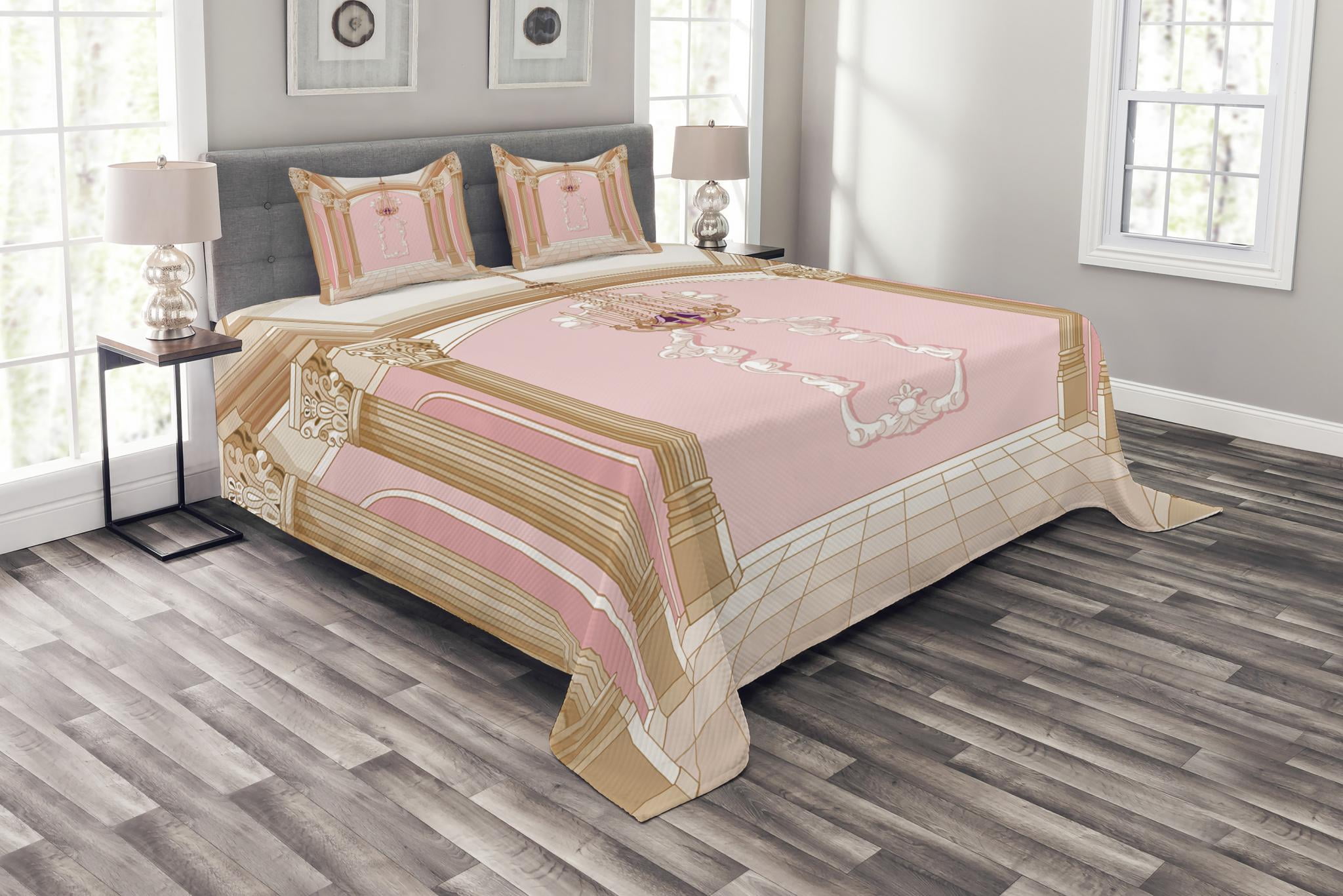Ambesonne Pink Quilted Bedspread Set 3 Pcs, Chandelier Ceiling Castle ...