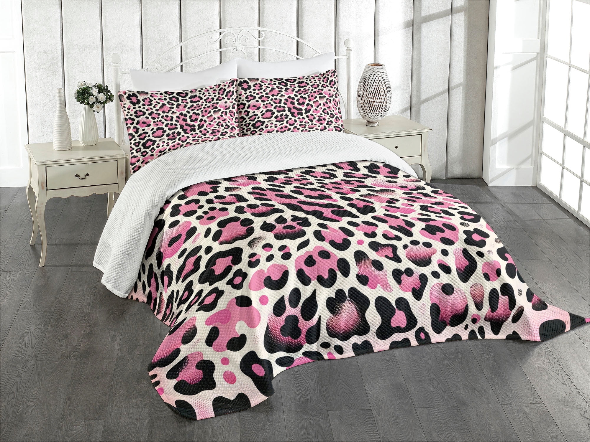 Ambesonne Pink Quilted Bedspread Set 3 Pcs, Classic Leopard Skin ...