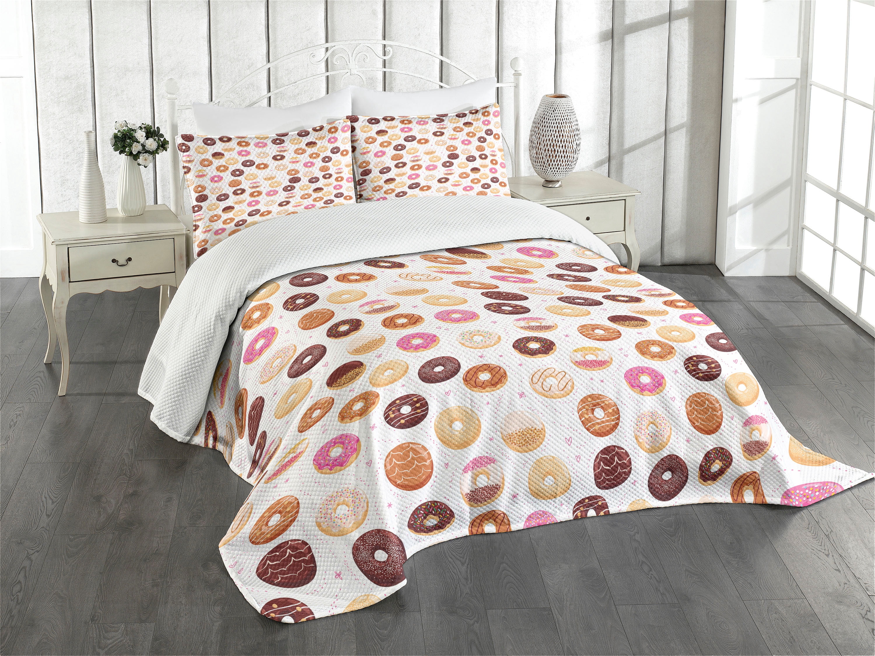 Ambesonne Pink Quilted Bedspread Set 3 Pcs, Colorful Yummy Donuts, King ...