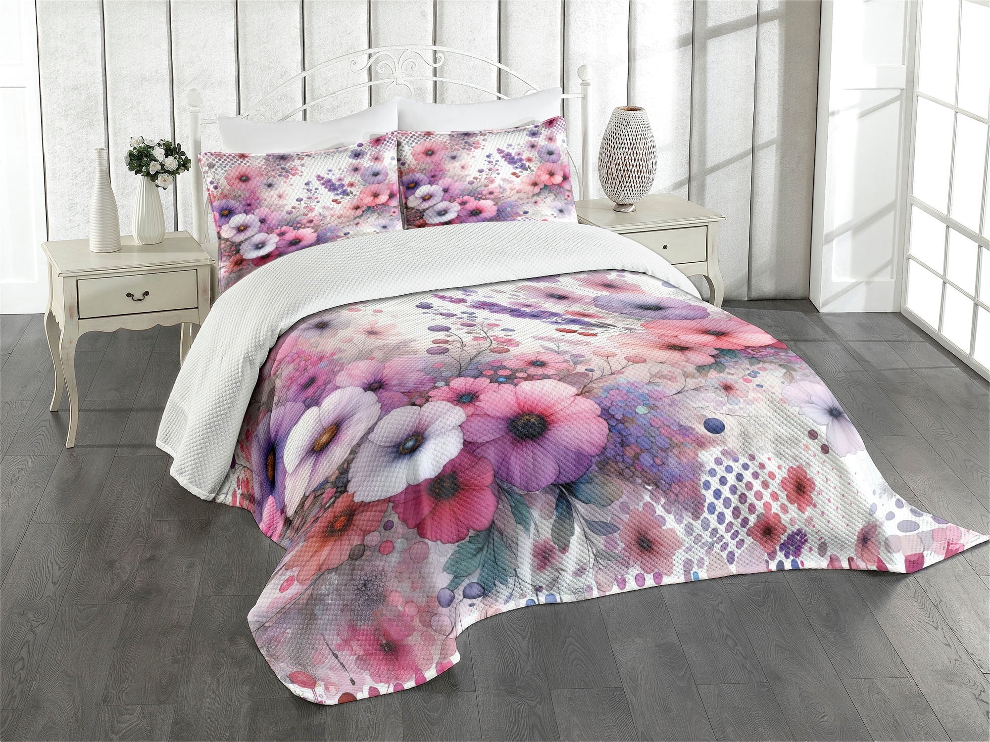 Ambesonne Pink Quilted Bedspread Set 3 Pcs, Fantasy Wildflowers Garden ...