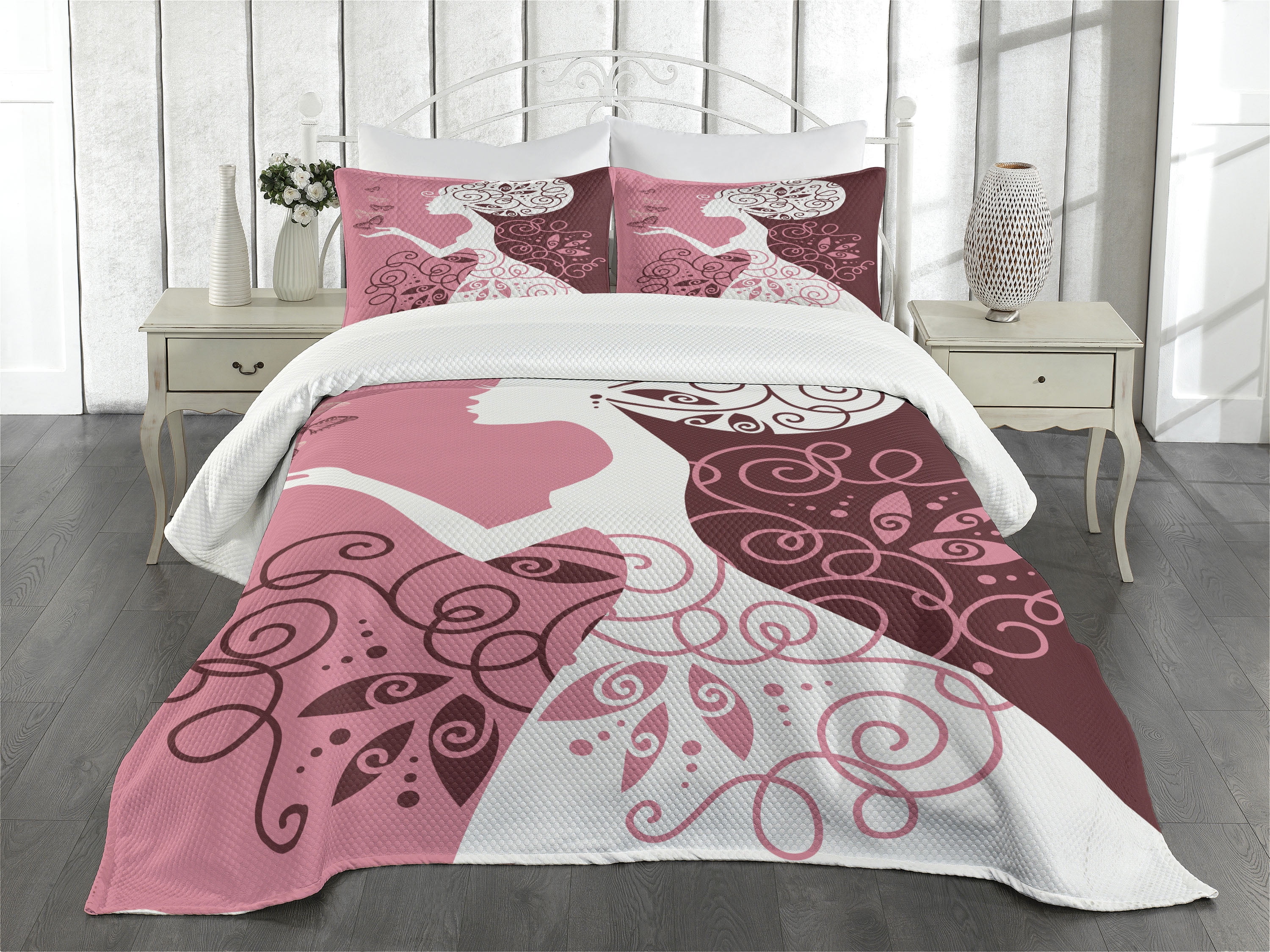 Ambesonne Pink Quilted Bedspread Set 3 Pcs, Girl Butterflies Flowers ...