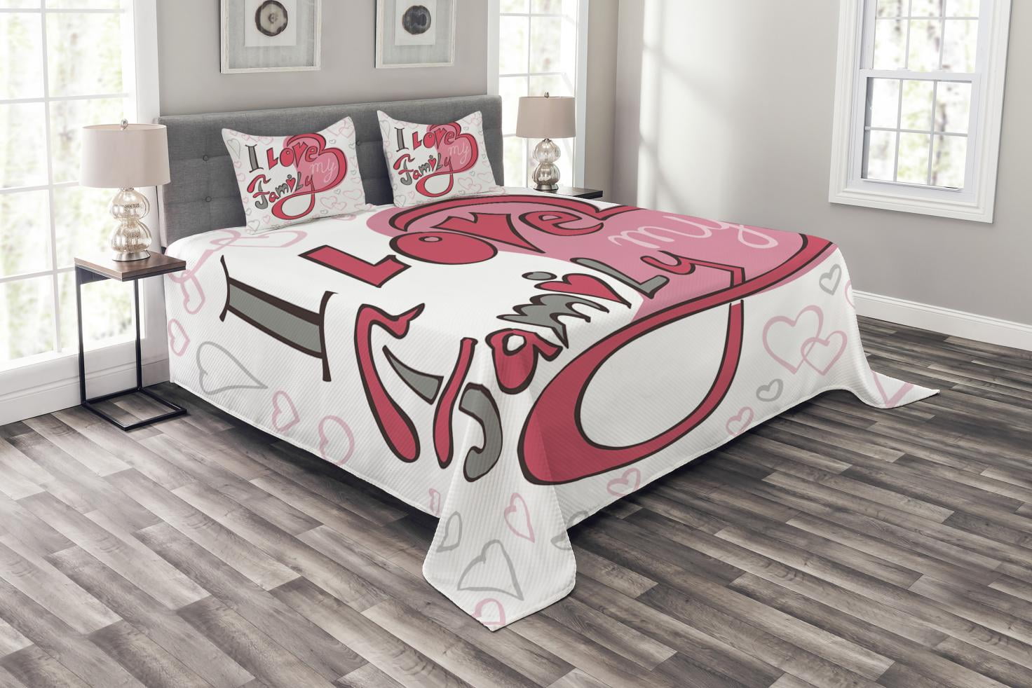 Ambesonne Pink Quilted Bedspread Set 3 Pcs, I Love Family Hearts Swirl ...