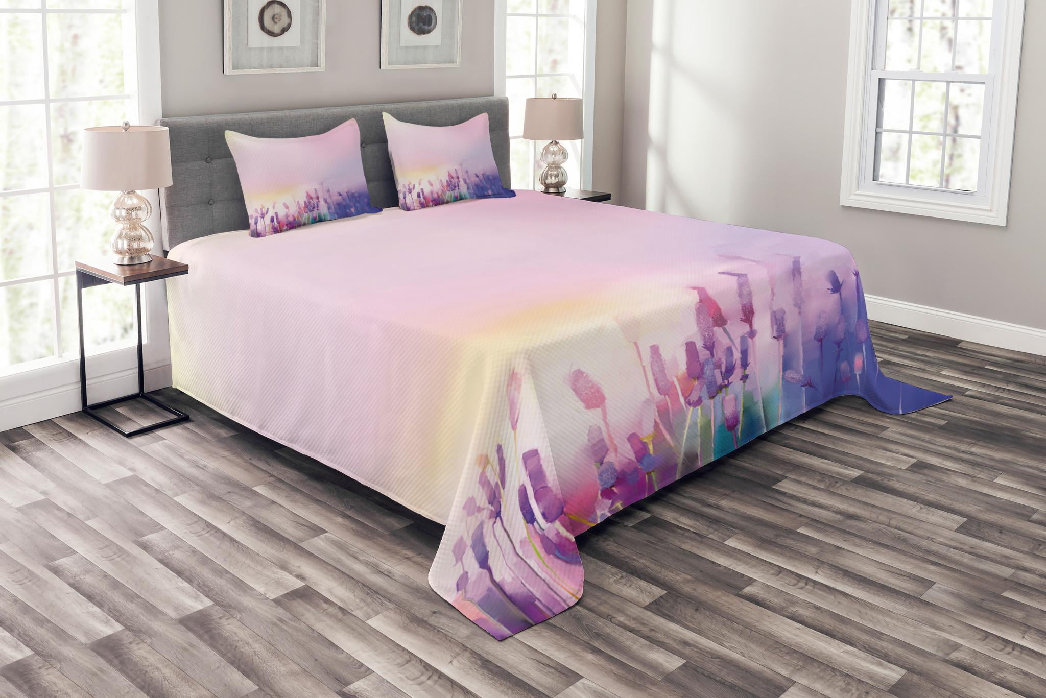 Ambesonne Pink Quilted Bedspread Set 3 Pcs, Lavender Violet Flowers ...