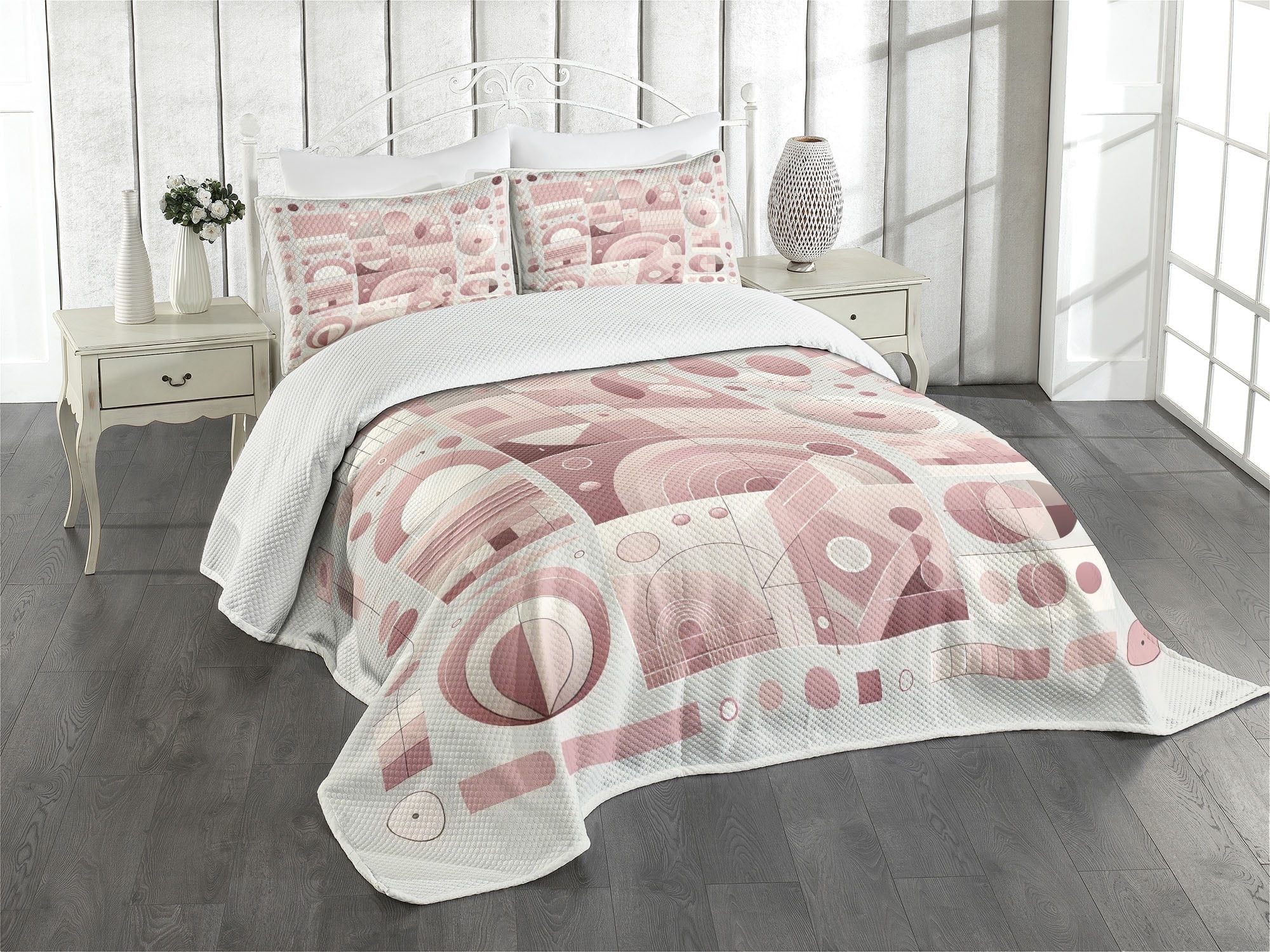 Ambesonne Pink Quilted Bedspread Set 3 Pcs, Mid Century Modern Rounds ...