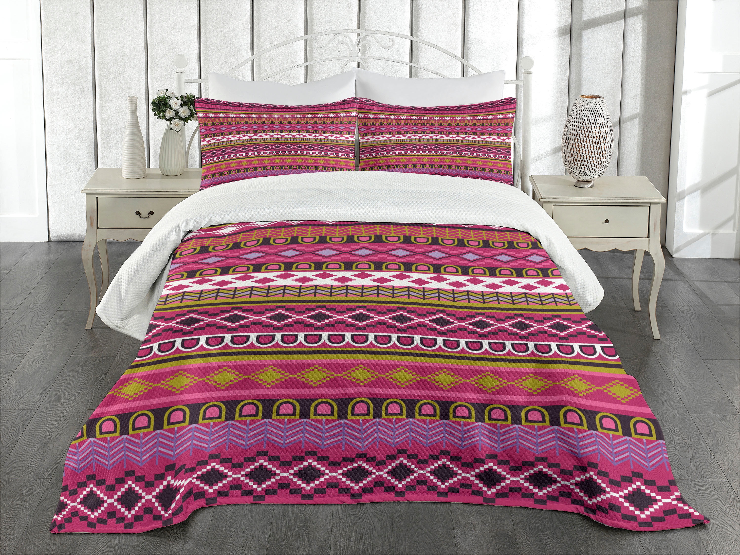 Ambesonne Pink Quilted Bedspread Set 3 Pcs, Motifs Folk Border, Queen ...