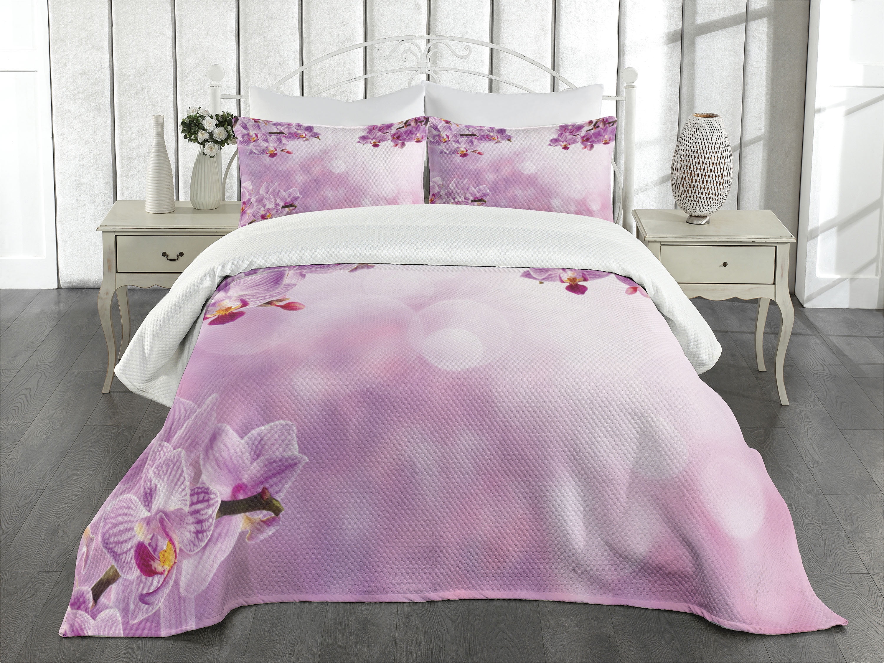 Ambesonne Pink Quilted Bedspread Set 3 Pcs, Orchid Spring Petals Spa ...