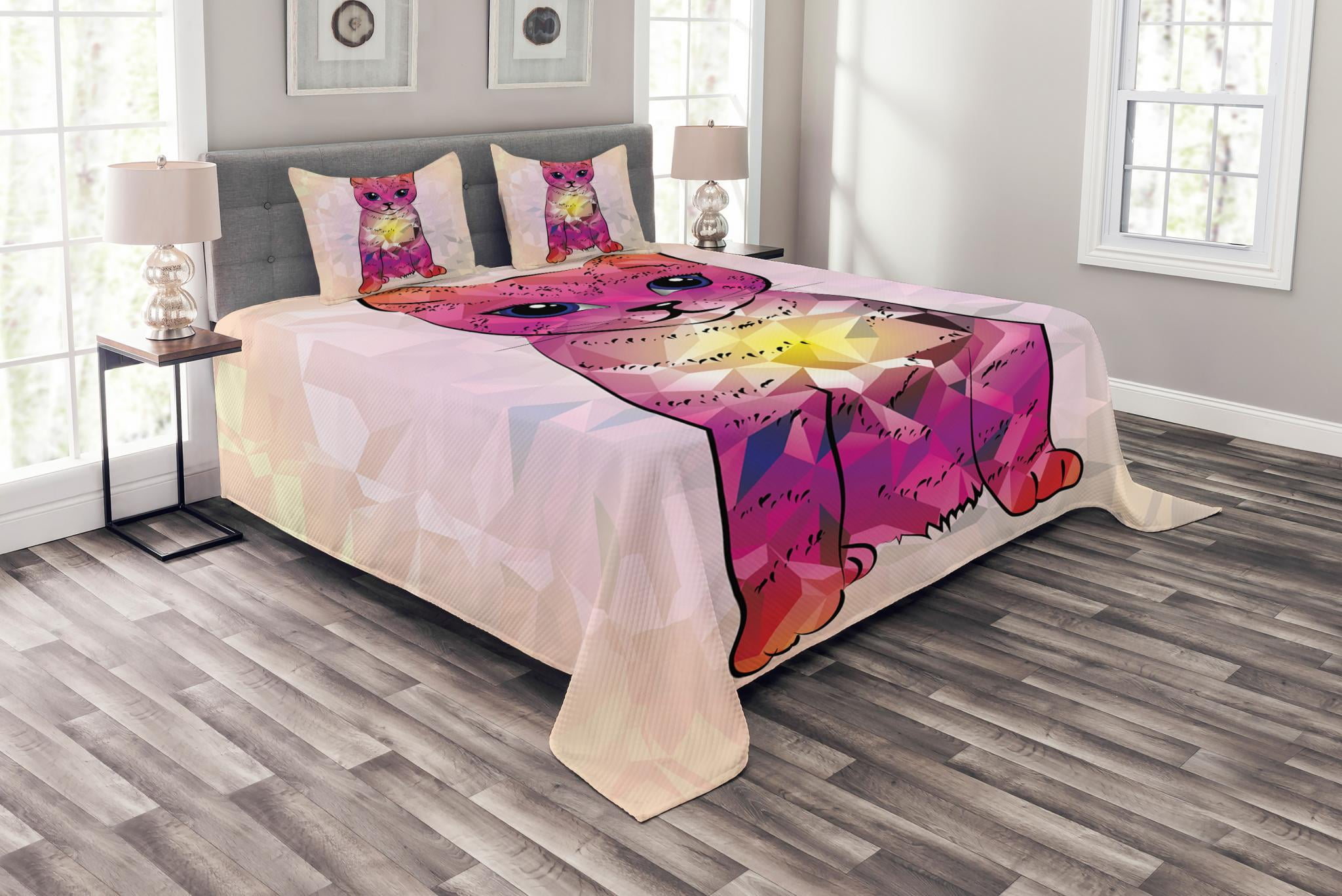 Ambesonne Pink Quilted Bedspread Set 3 Pcs, Retro Digital Robot Cat ...