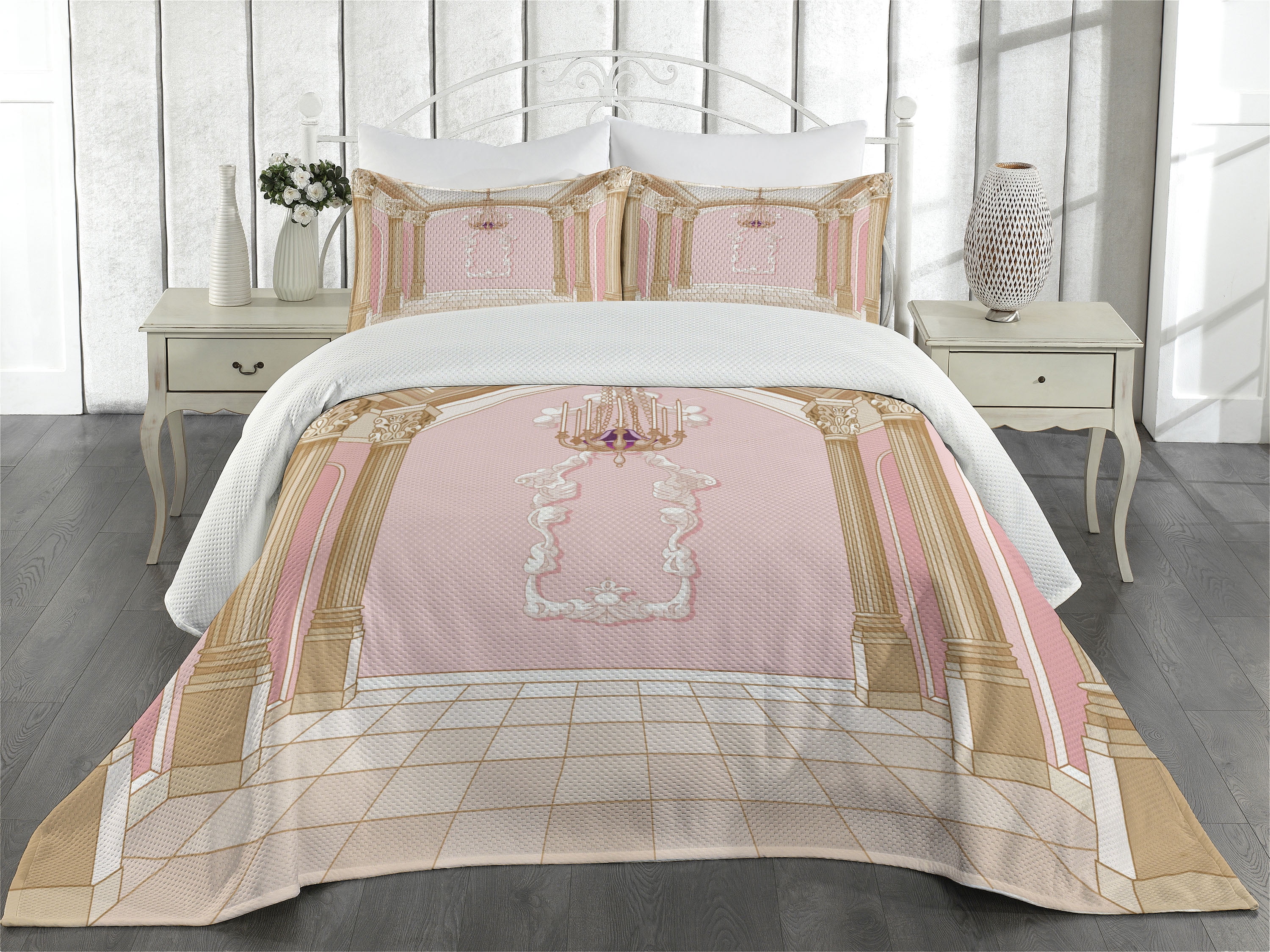 Ambesonne Pink Quilted Coverlet 3 Pcs, Chandelier Ceiling Castle, Queen ...