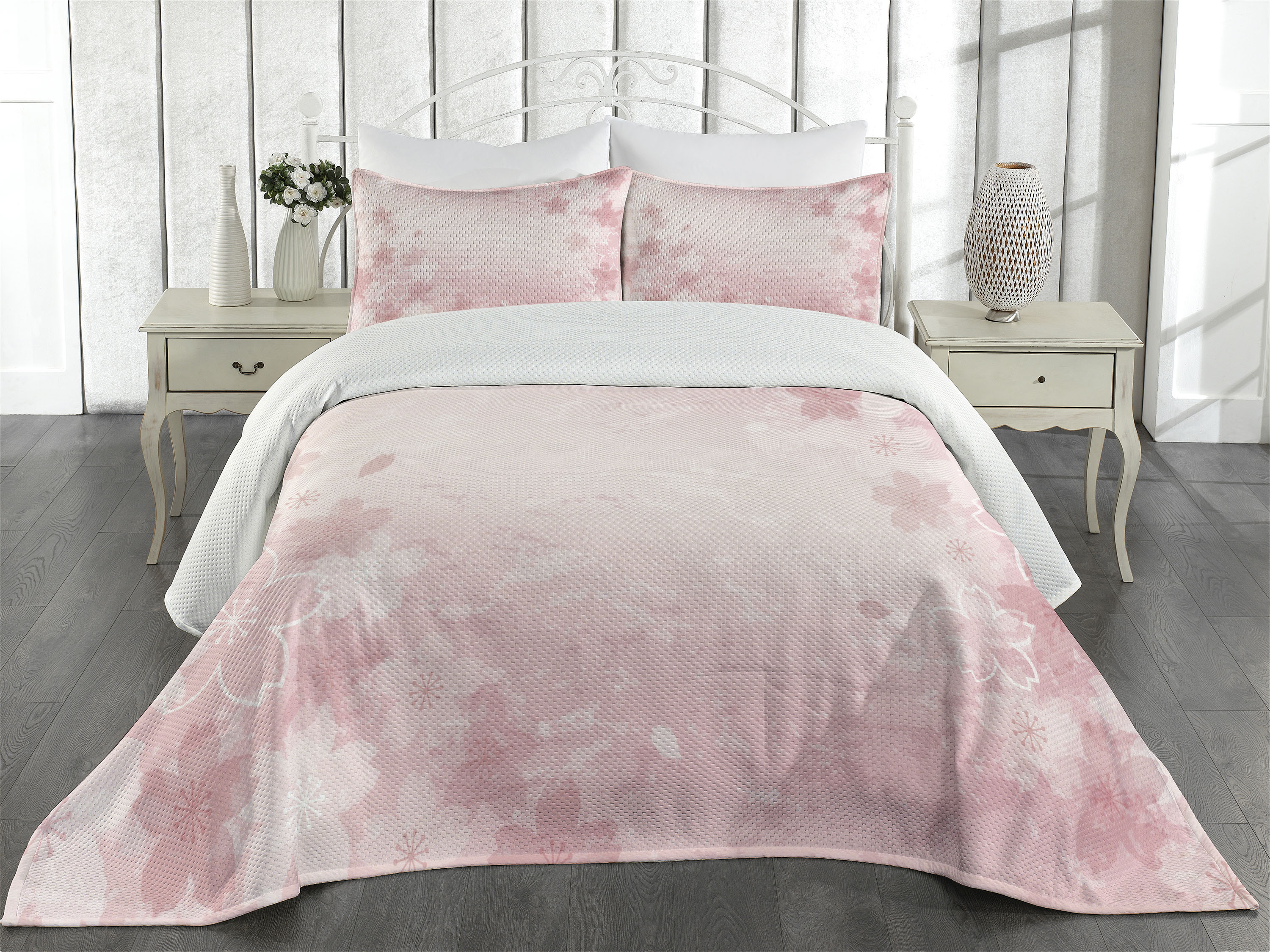 Ambesonne Pink Quilted Coverlet 3 Pcs, Cherry Blossom Floral Art, King ...