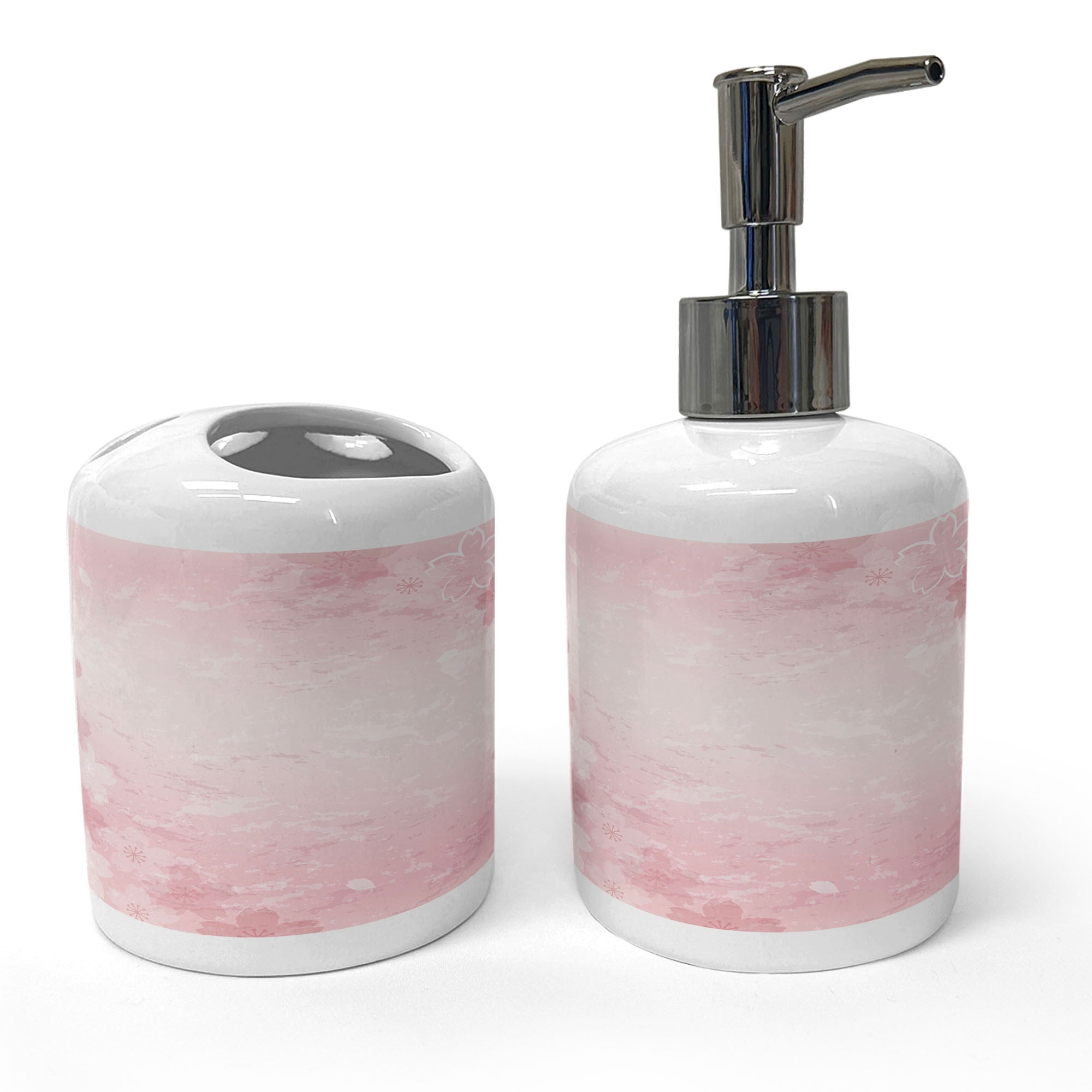 Ambesonne Pink Soap Dispenser & Toothbrush Holder Set, Cherry Blossom ...