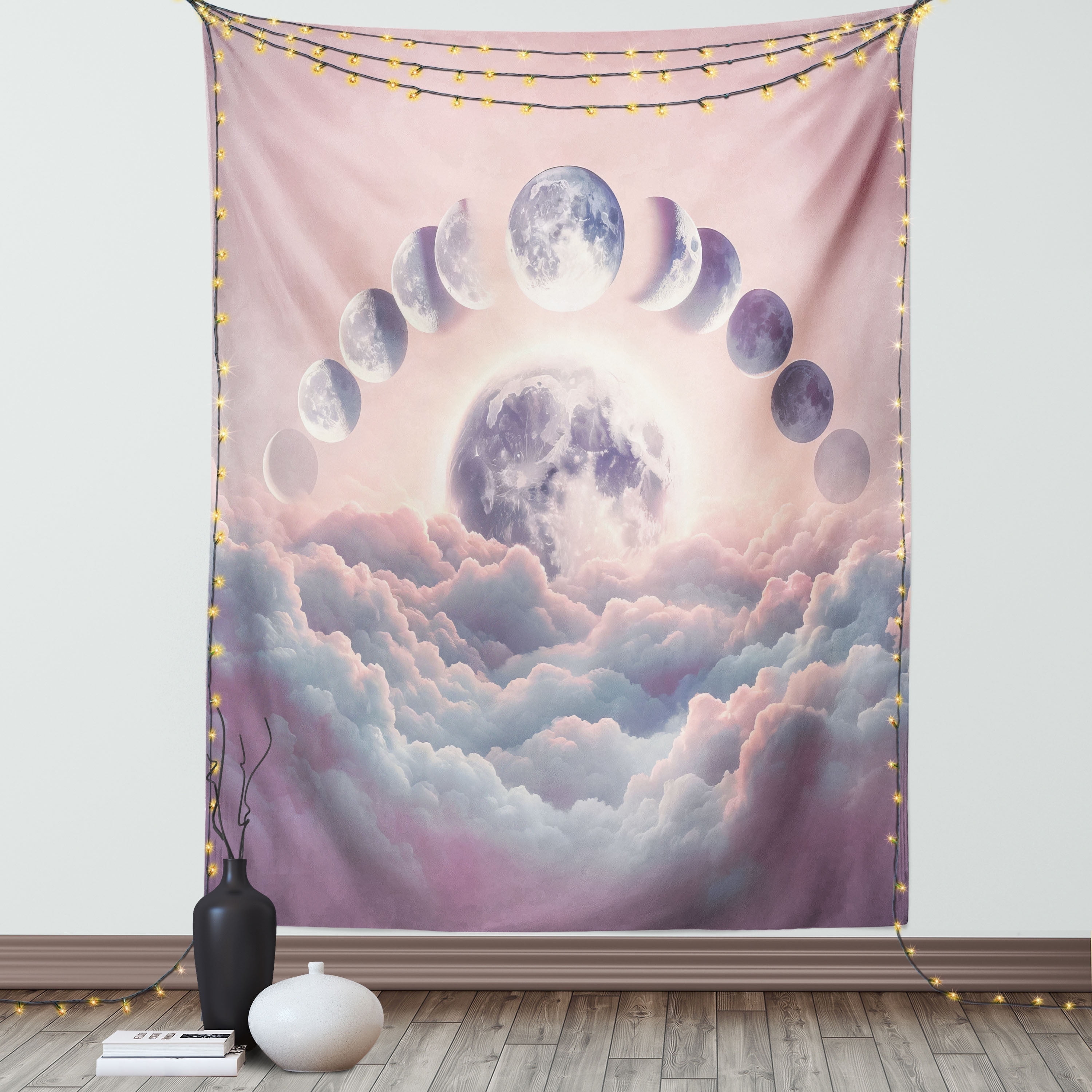 Ambesonne Pink Tapestry Wall Hanging, Pastel Sky Moon Phases Clouds, 40 ...