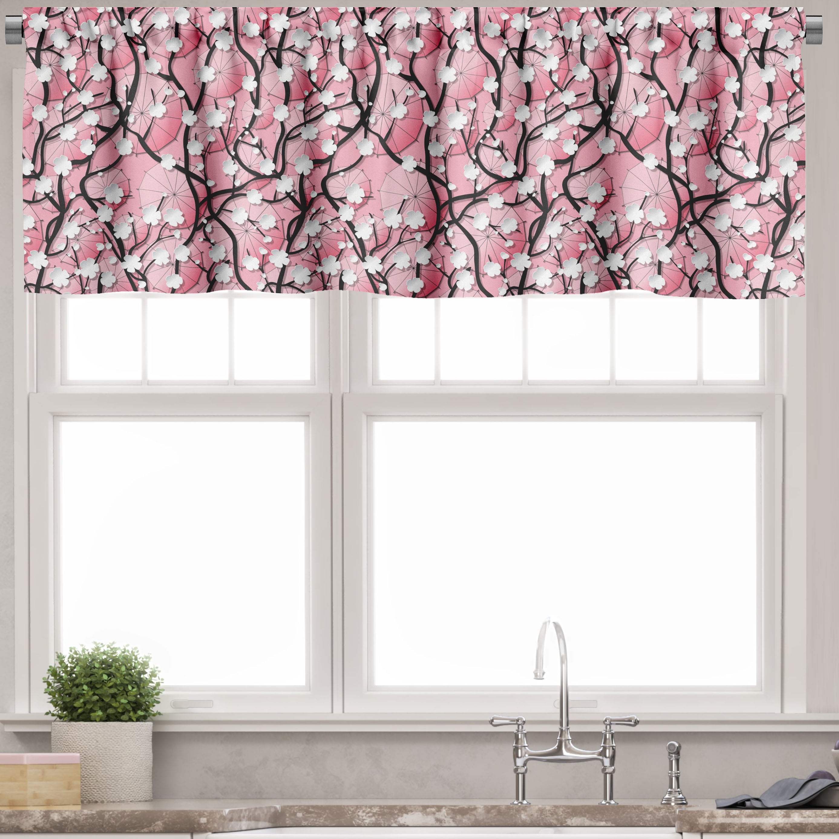 Ambesonne Pink Window Valance, Sakura Tree Umbrellas, 54" X 18", Black ...