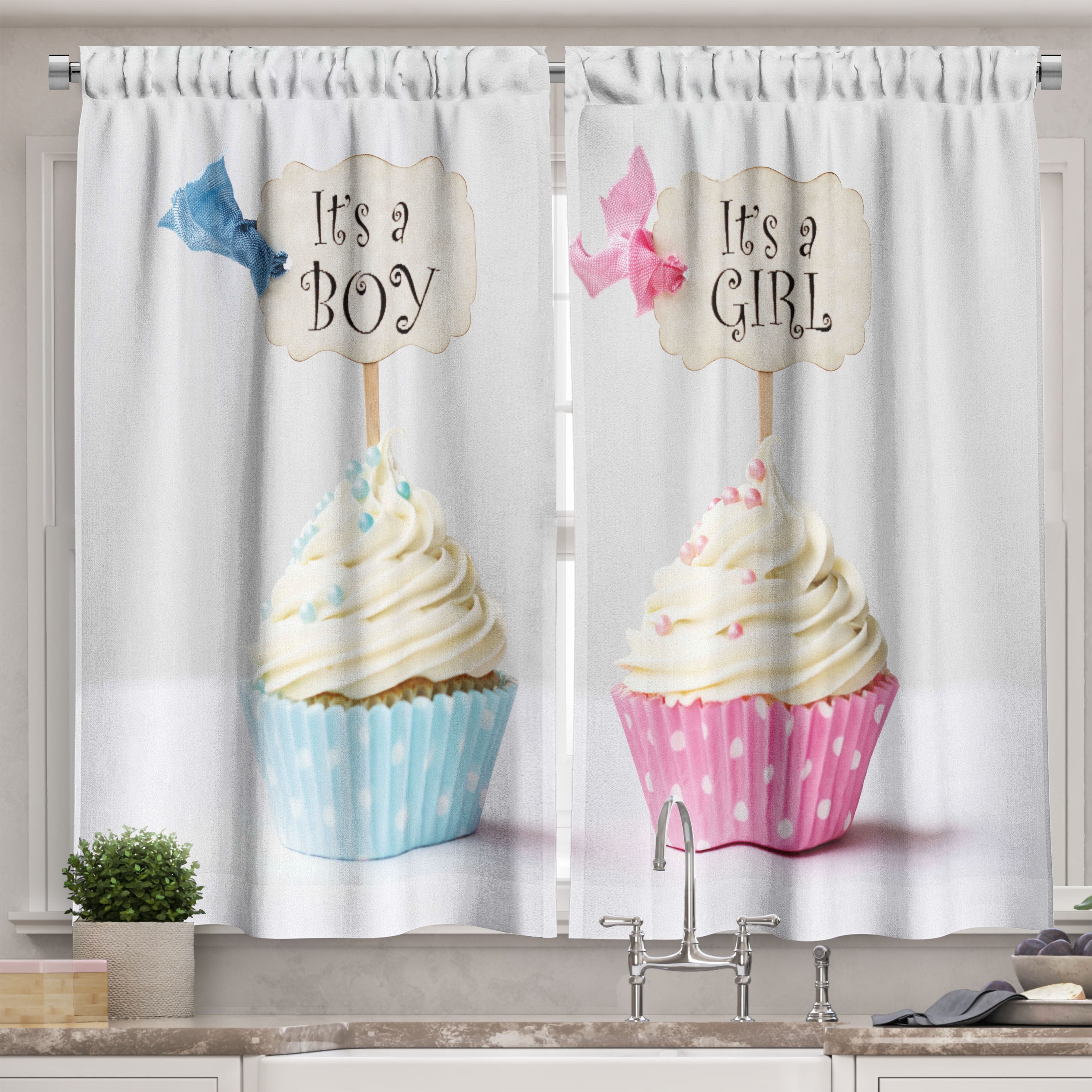 Ambesonne Pink and Blue Kitchen Curtains, Boy Girl Cupcakes, 55"x45 ...