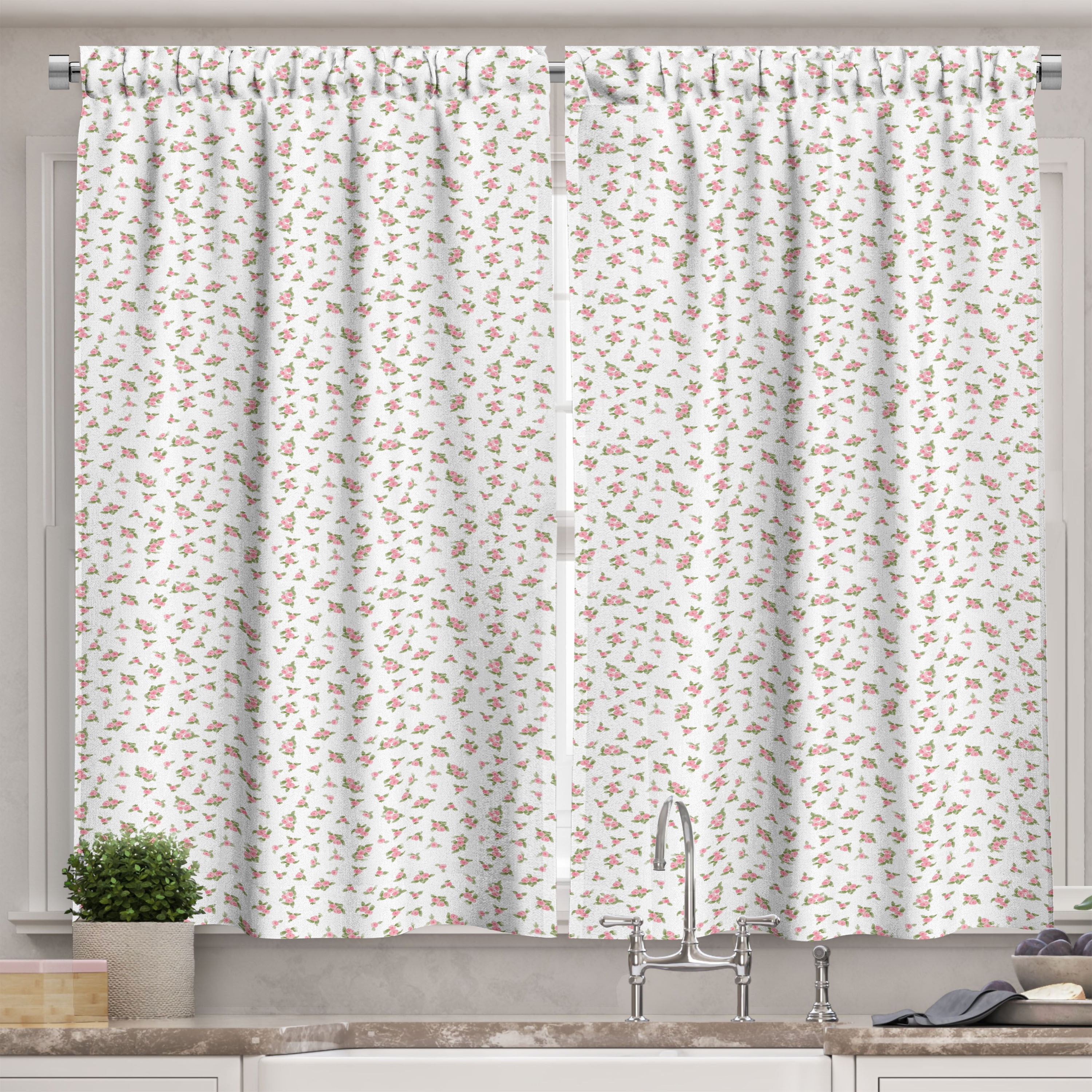Ambesonne Pink and Green Kitchen Curtains, Aquarelle Blossoms, 55"x39 ...
