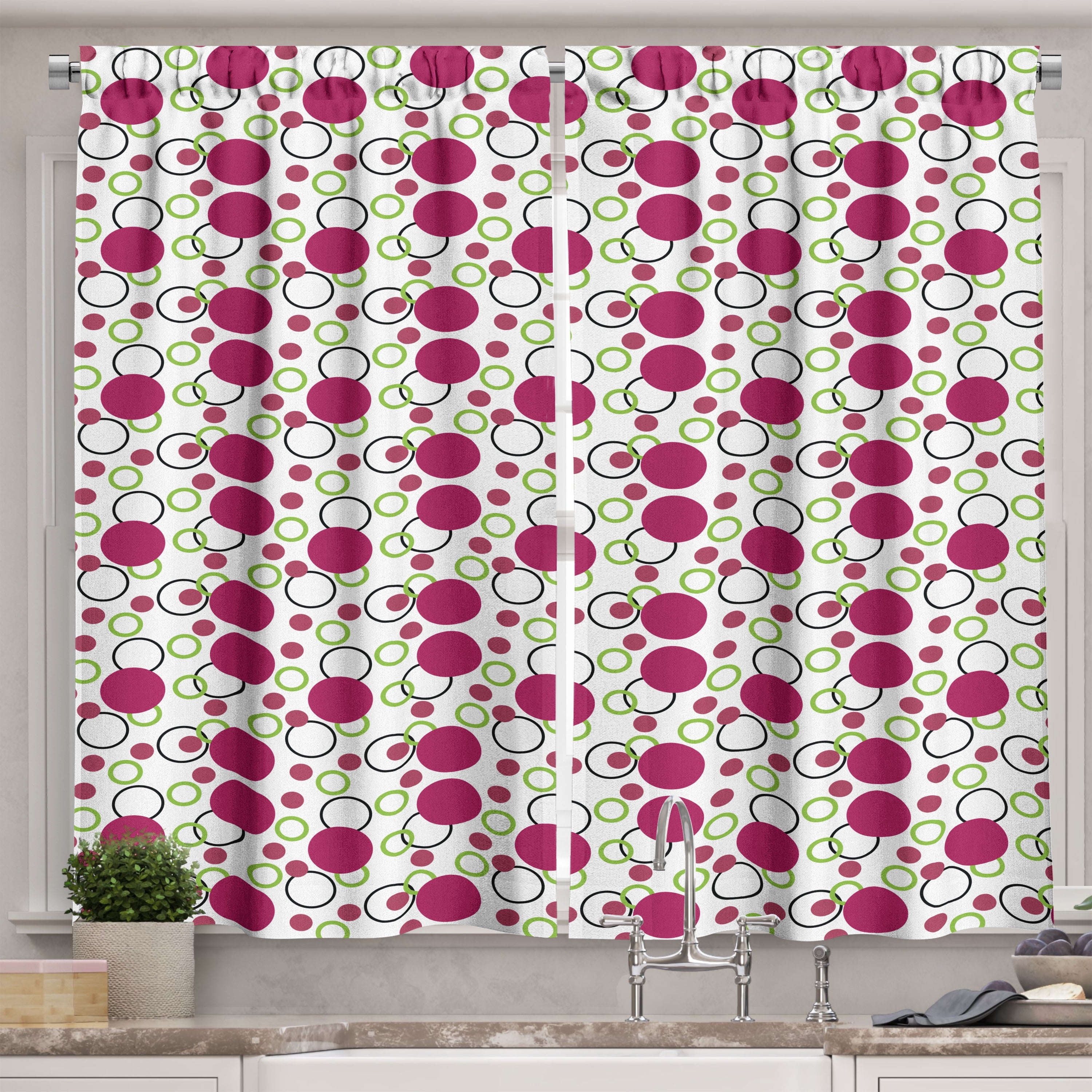 Ambesonne Pink and Green Kitchen Curtains, Circles Spots, 55"x39", Dark ...