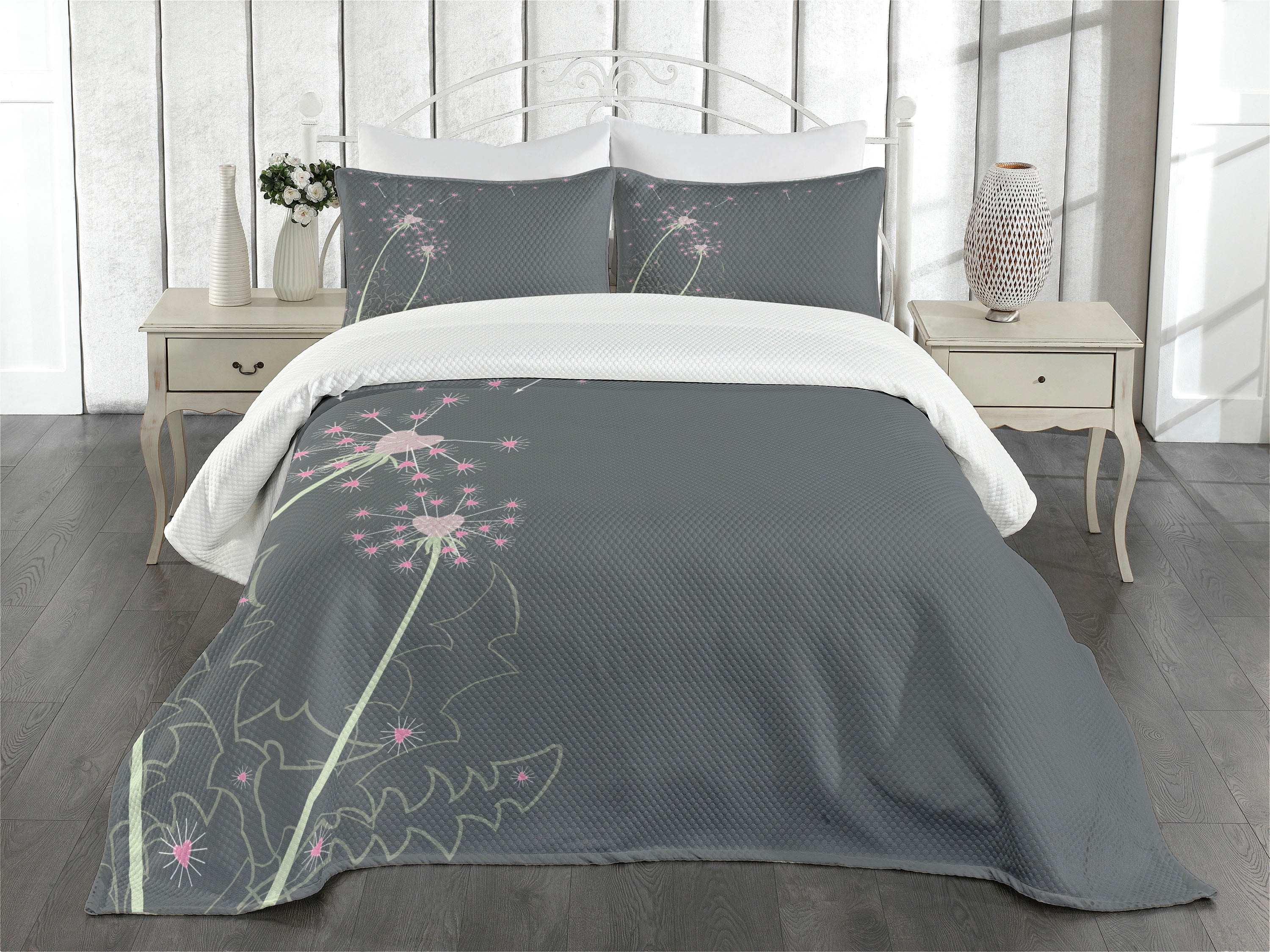 Ambesonne Pink and Grey Quilted Bedspread Set 3 Pcs, Hearts Pastel Love ...
