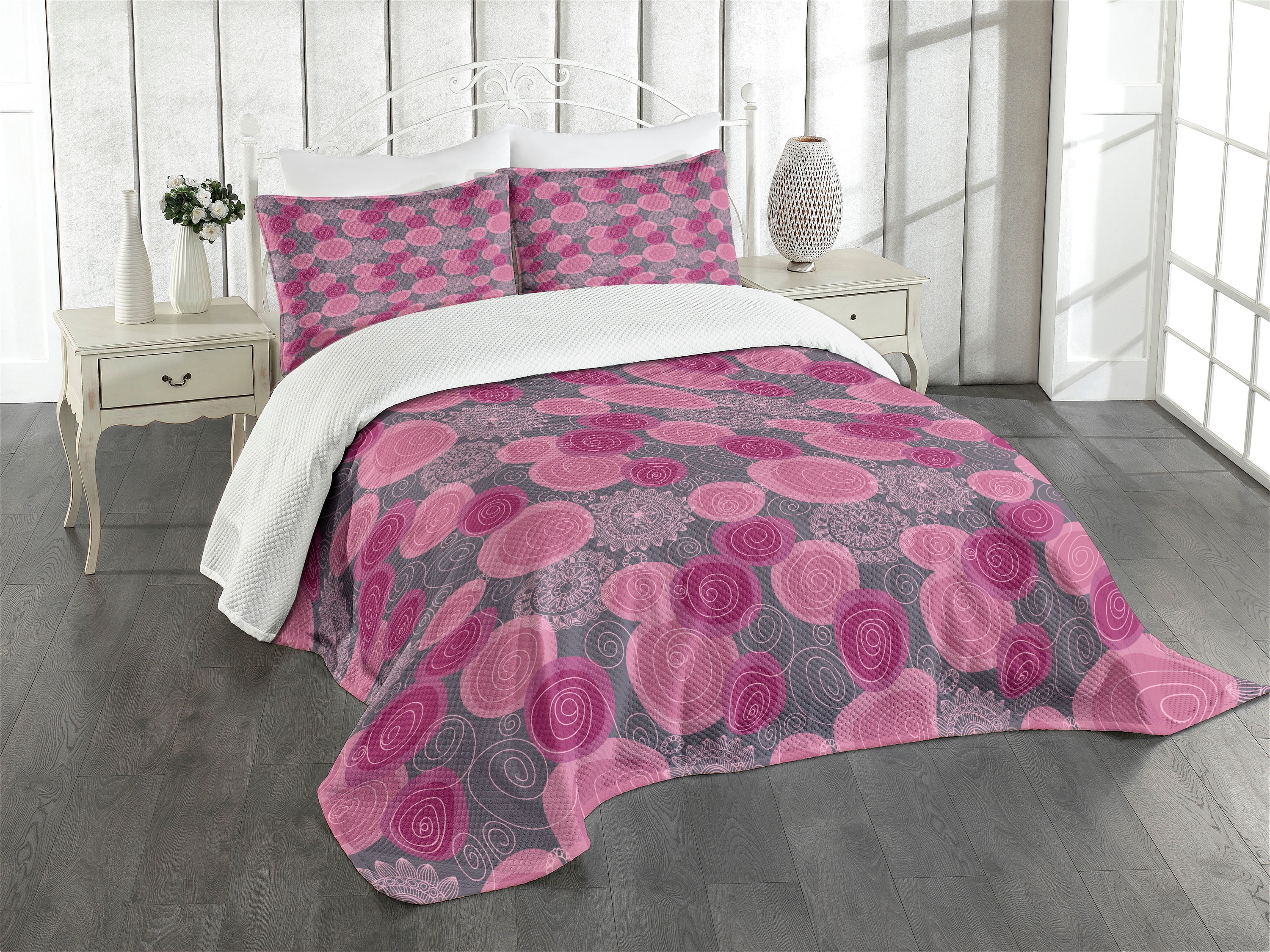 Ambesonne Pink and Grey Quilted Bedspread Set 3 Pcs, Lace Swirled ...