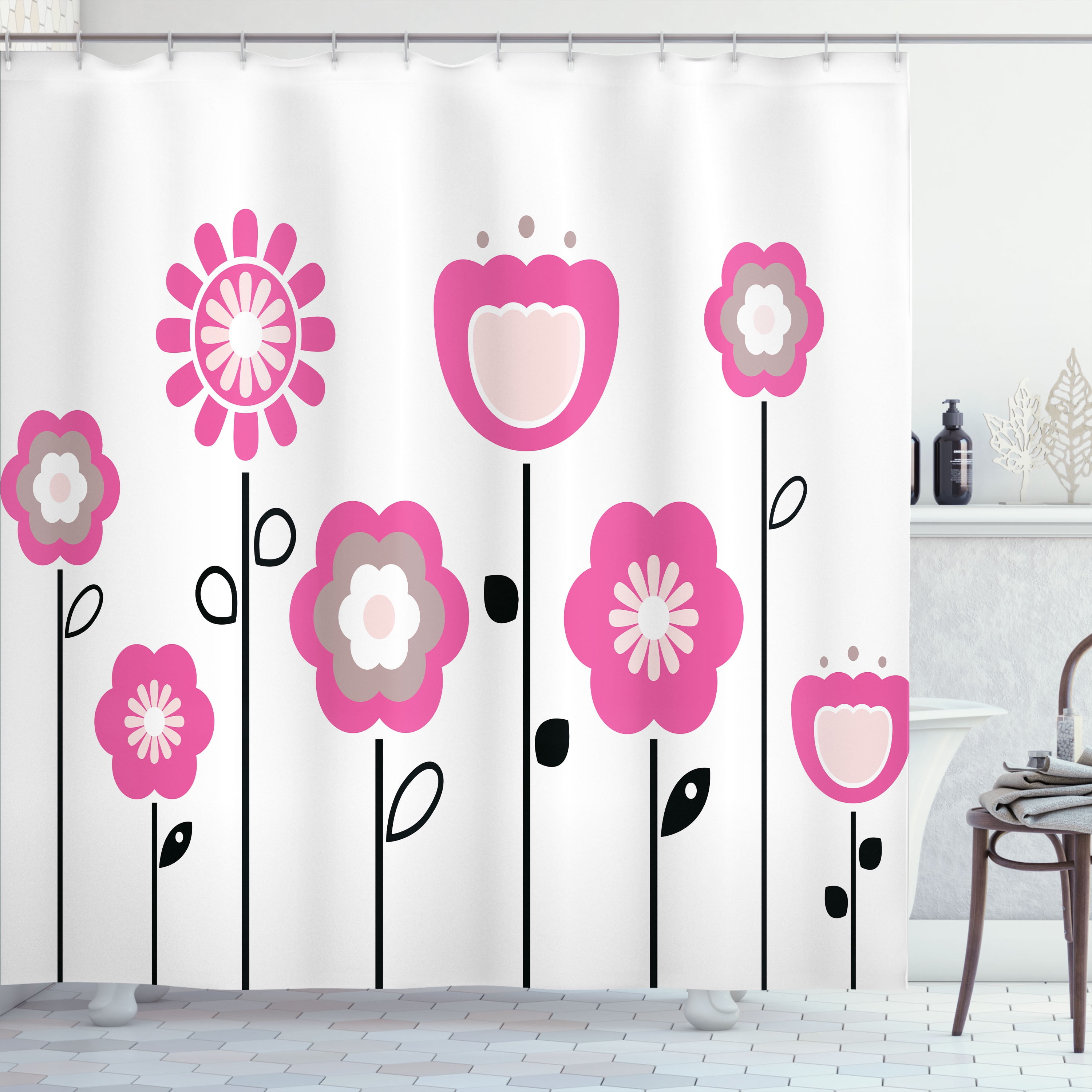 Ambesonne Pink and White Shower Curtain, Cartoon Flower Twigs, 69"Wx84 ...